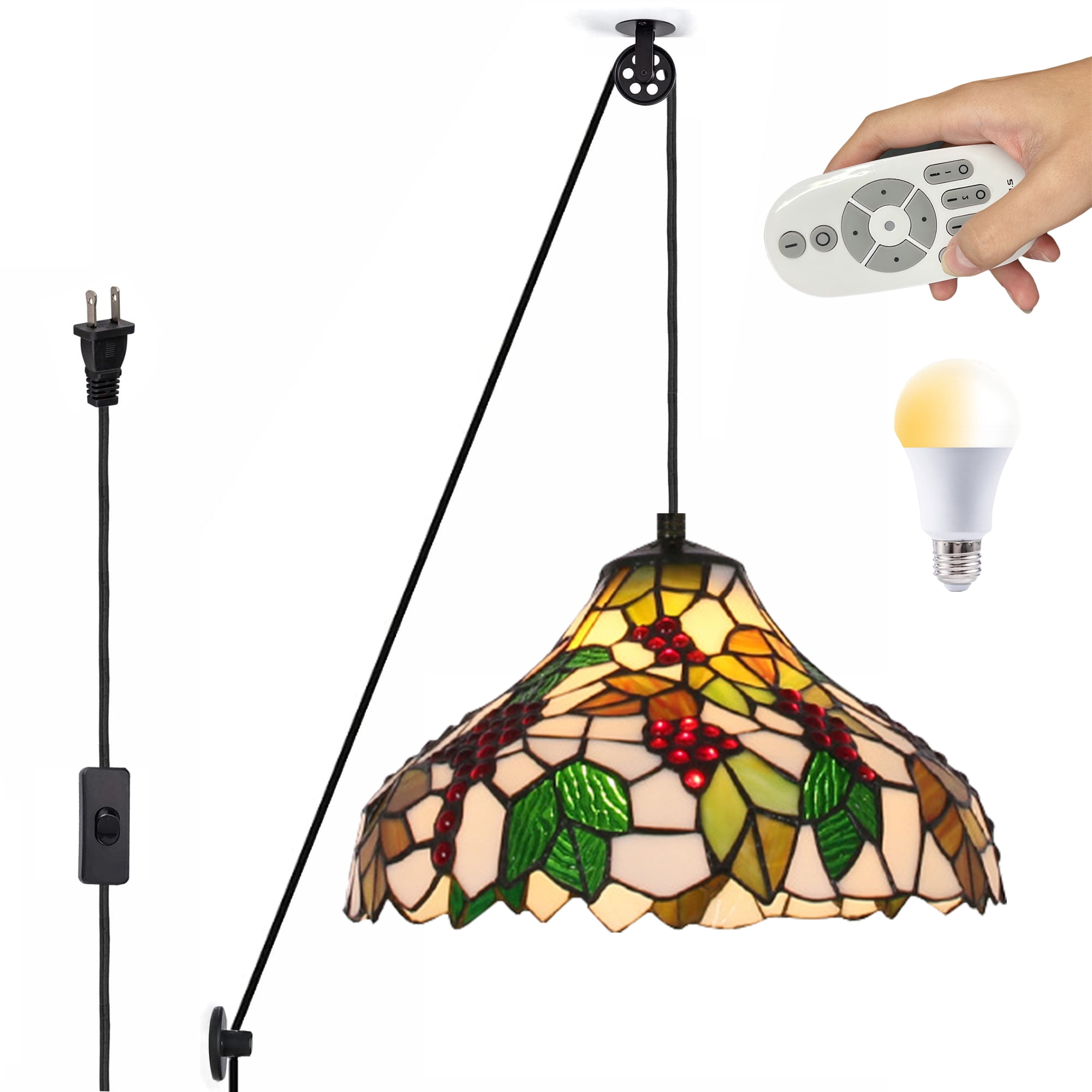 Kiven Plug in Iron Pendant Light, Tiffany Pulley Hanging Light with ...