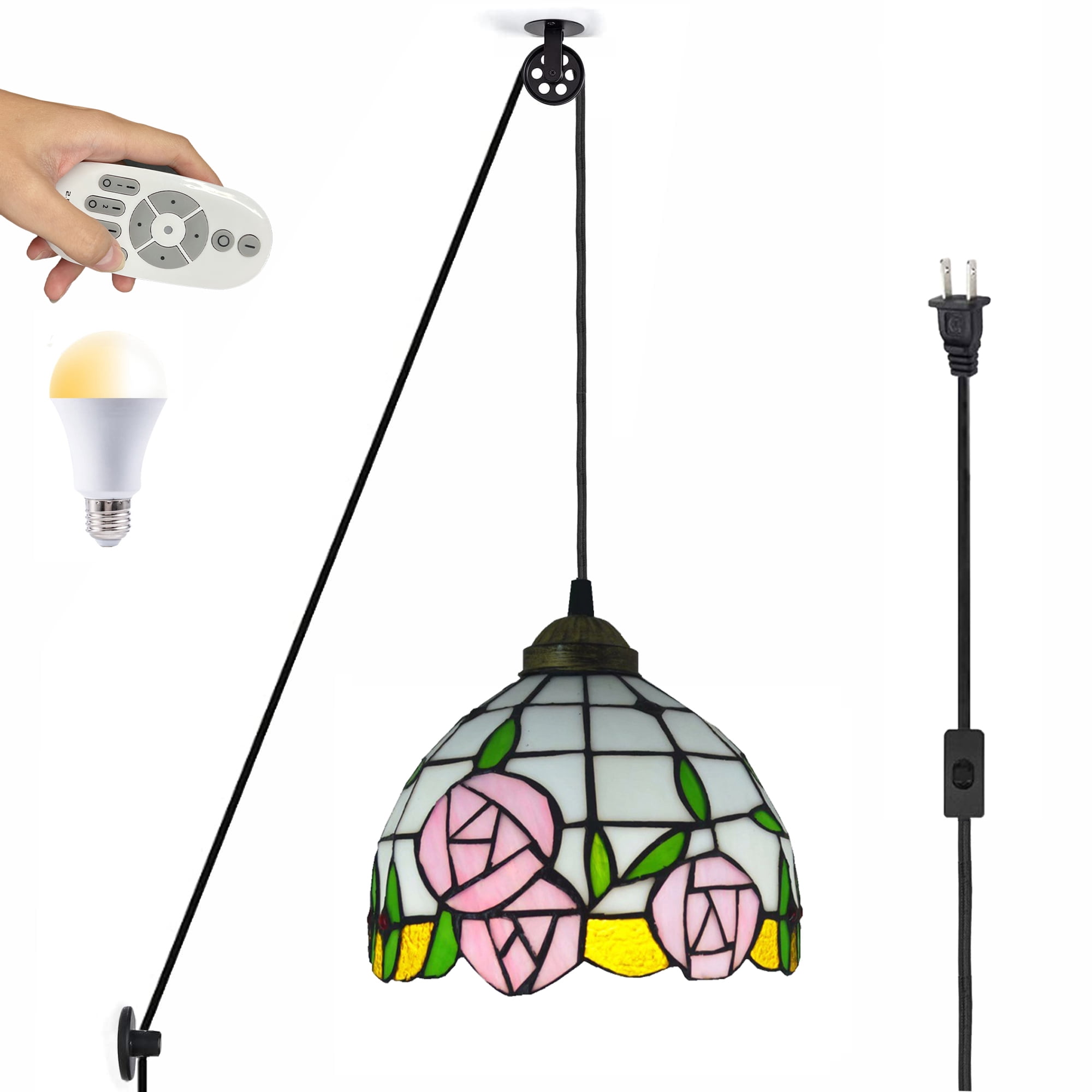 Kiven Plug in Iron Pendant Light, Tiffany Pulley Hanging Light with ...