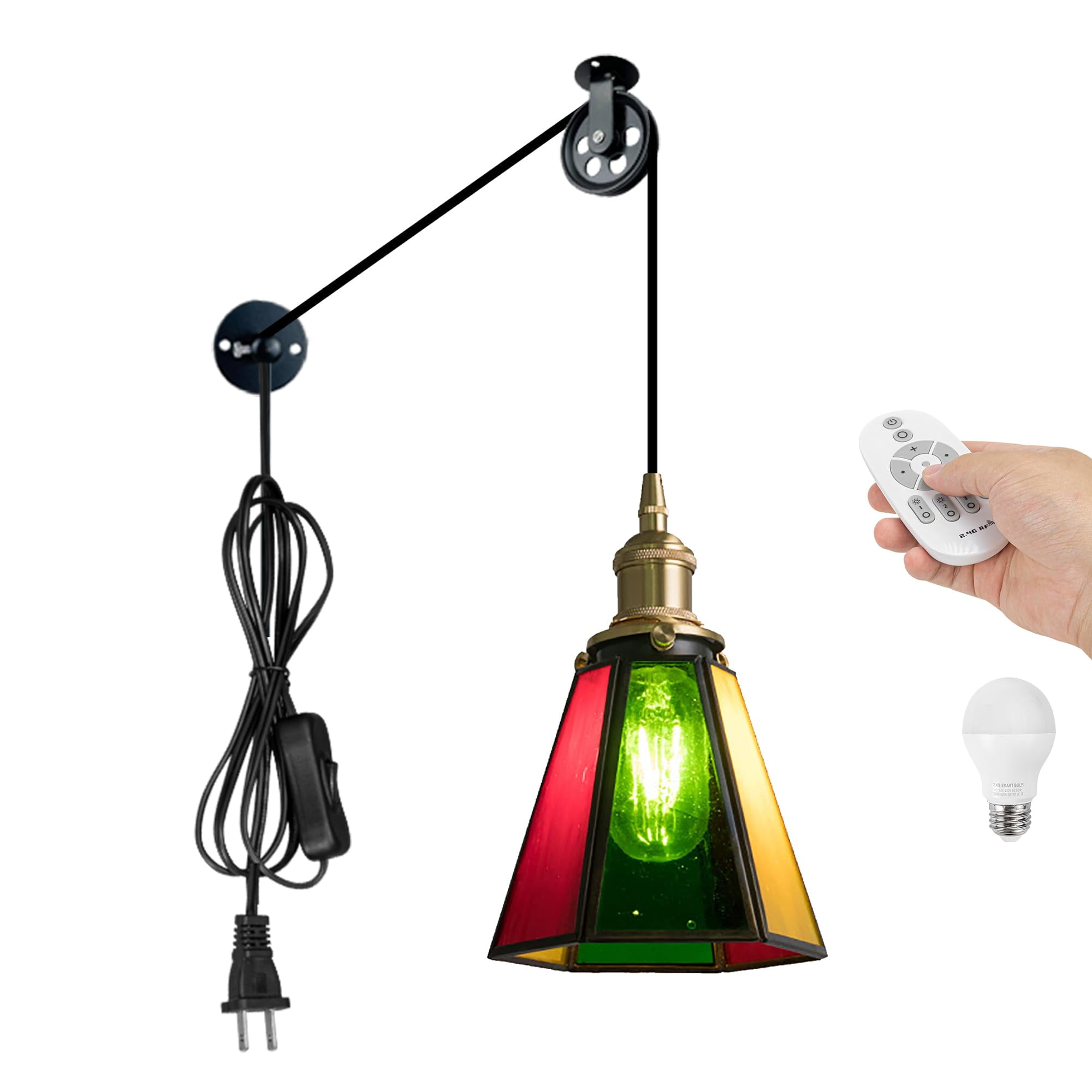 Kiven Plug in Pendant Light Adjustable Height, Antiqued Stained Glass ...