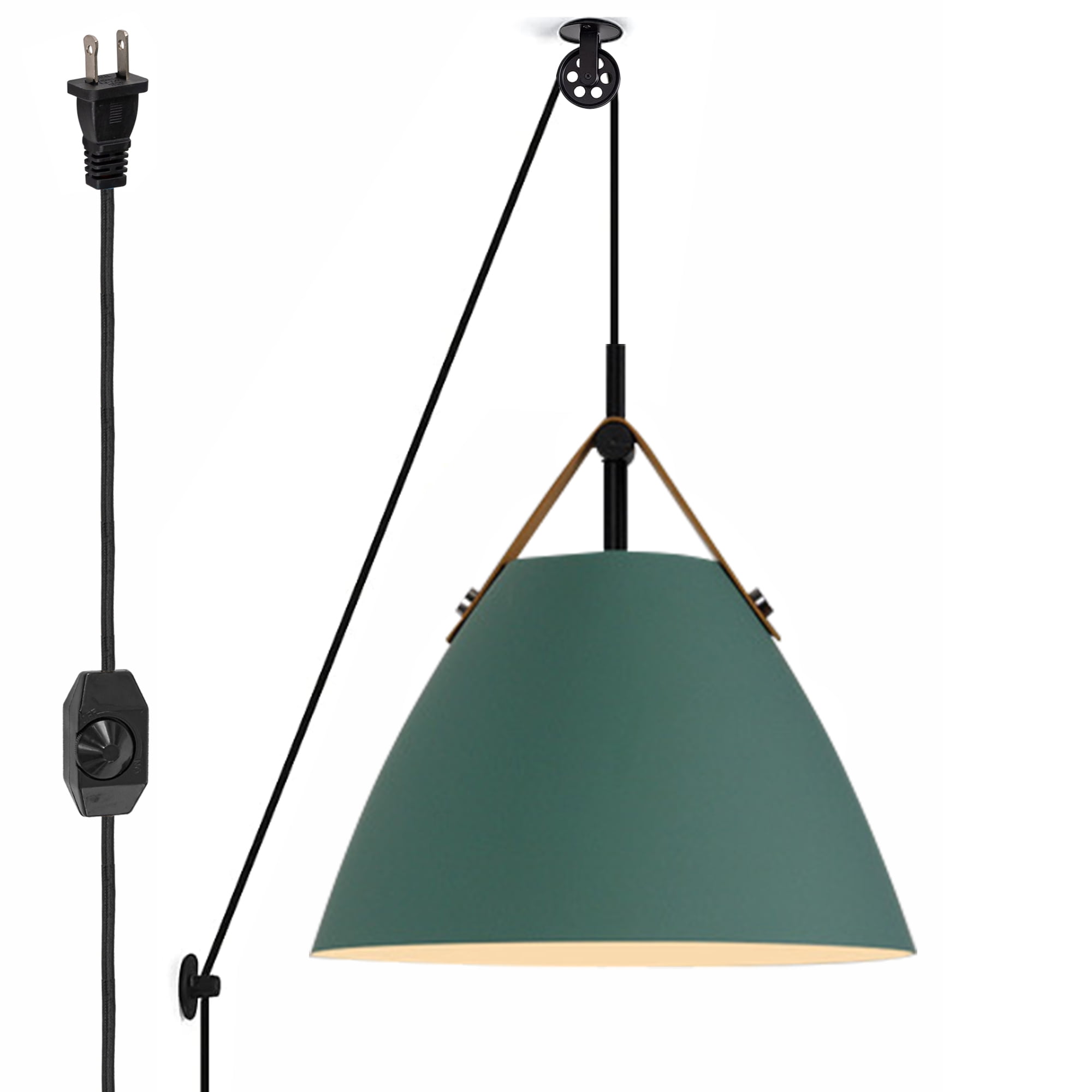 Kiven Plug in Pendant Light, Pulley Hanging Light with Green Iron ...
