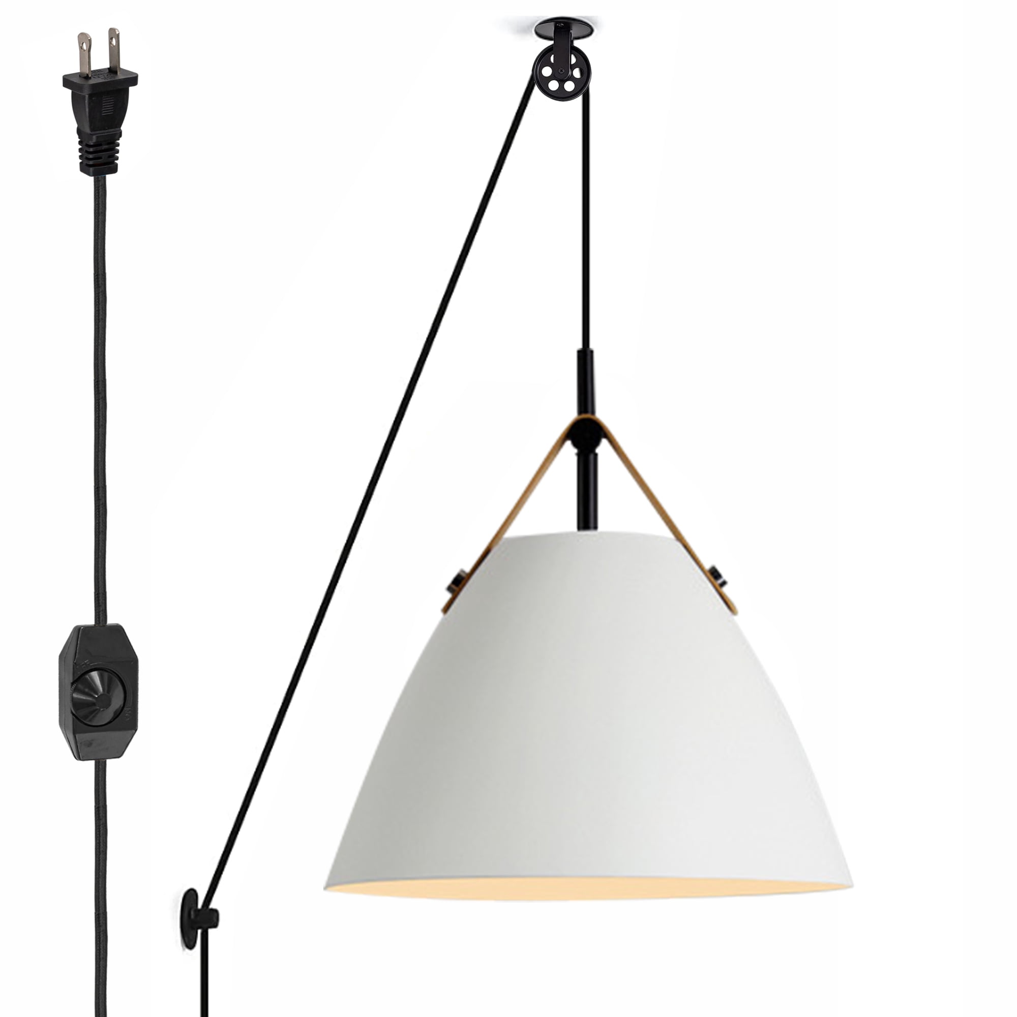 Kiven Plug in Pendant Light, Pulley Hanging Light with White Iron ...
