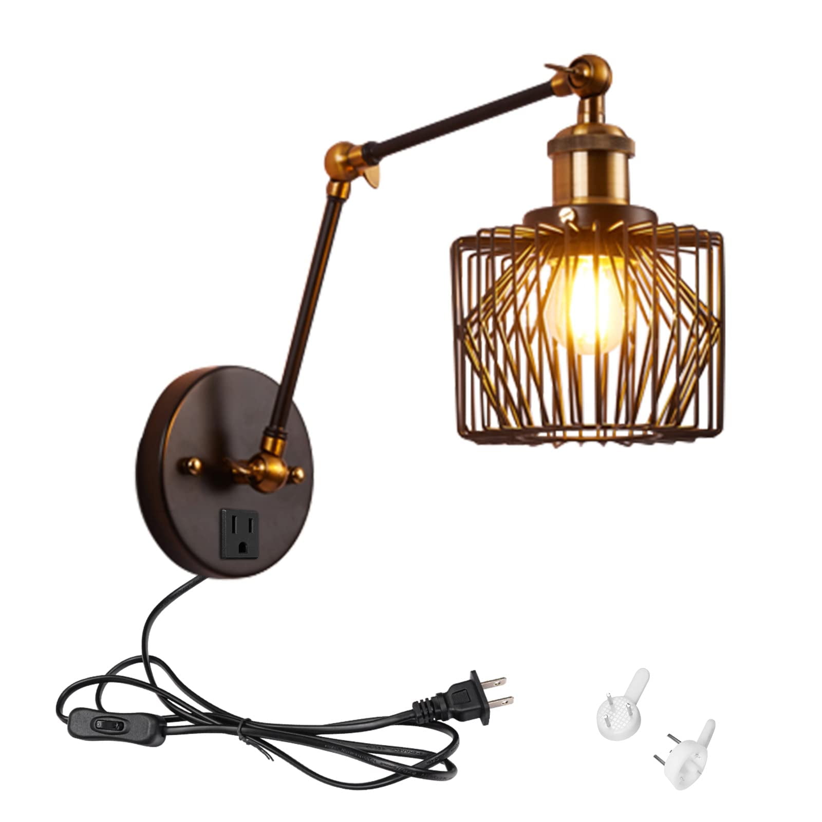 Kiven Plug in Wall Lamp, Industrial Black Wall Sconce with AC Outlet, 5 ...