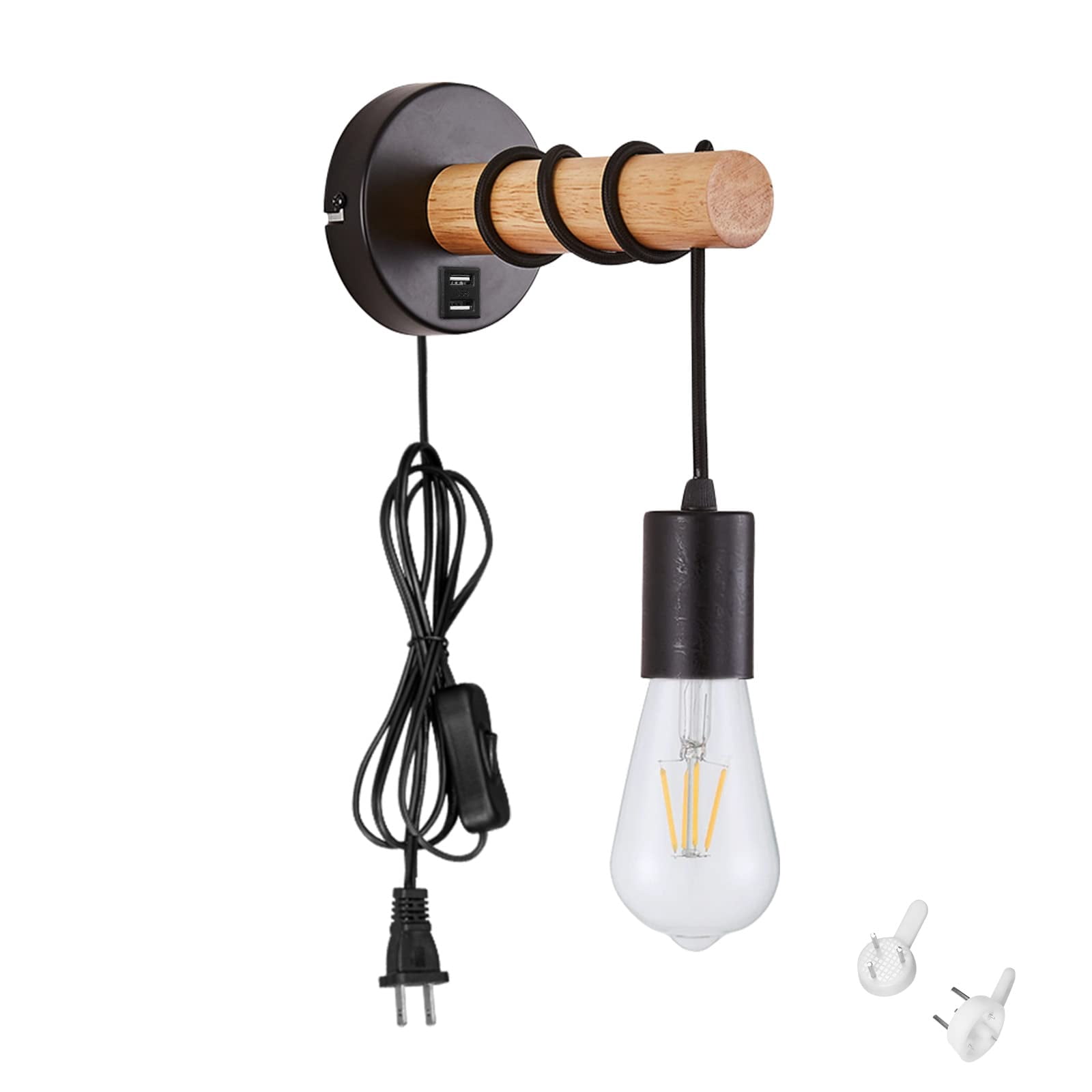 Kiven Plug in Wall Lamp, Industrial Black Wall Sconce with USB Port, 5 ...