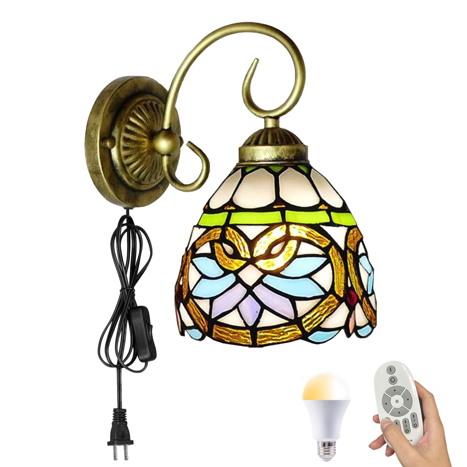 Kiven Plug in Wall Lamp Tiffany Style Dimmable Wall Sconce with Remote ...