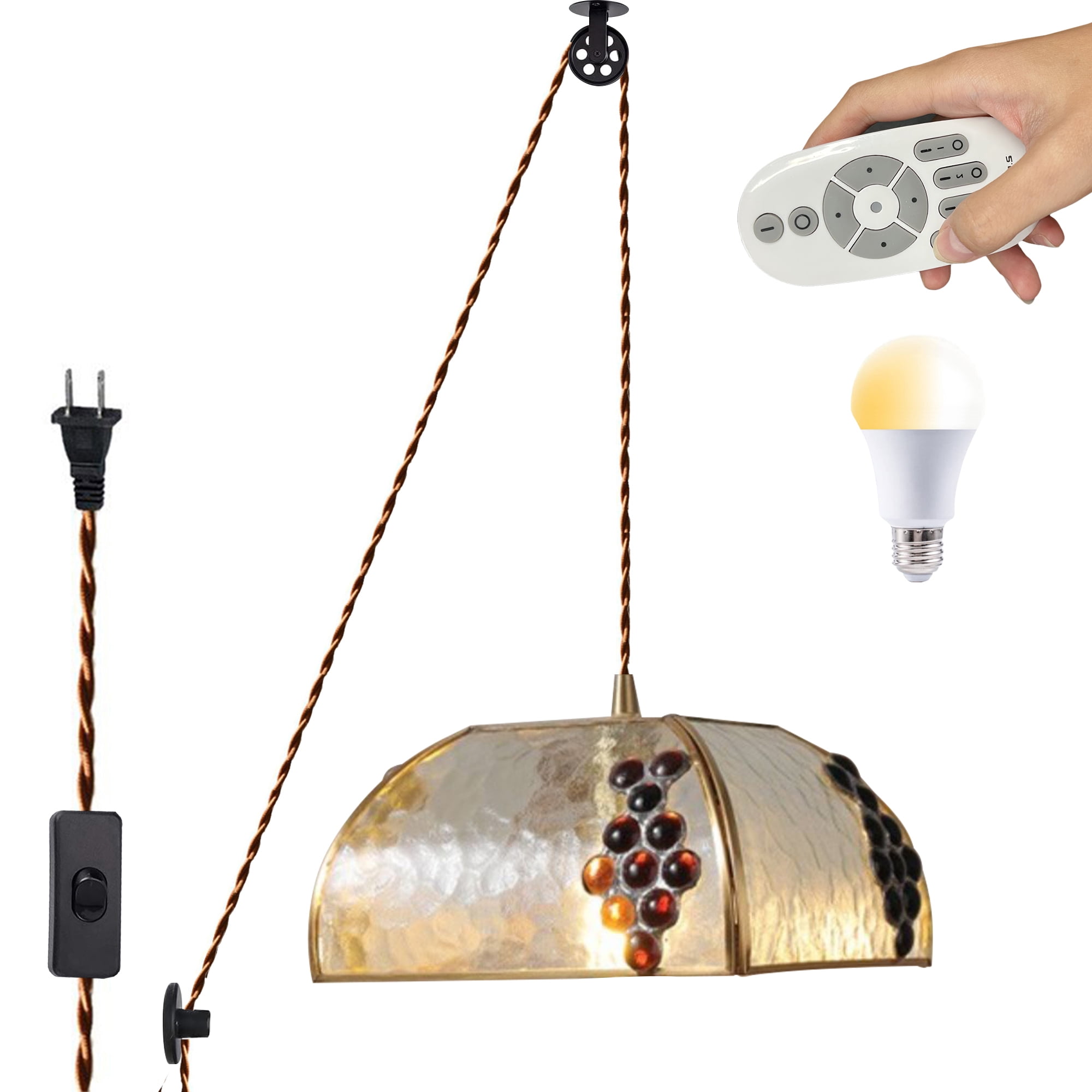 Kiven Plug in Glass Pendant Light, Pulley Vintage Hanging Light with ...