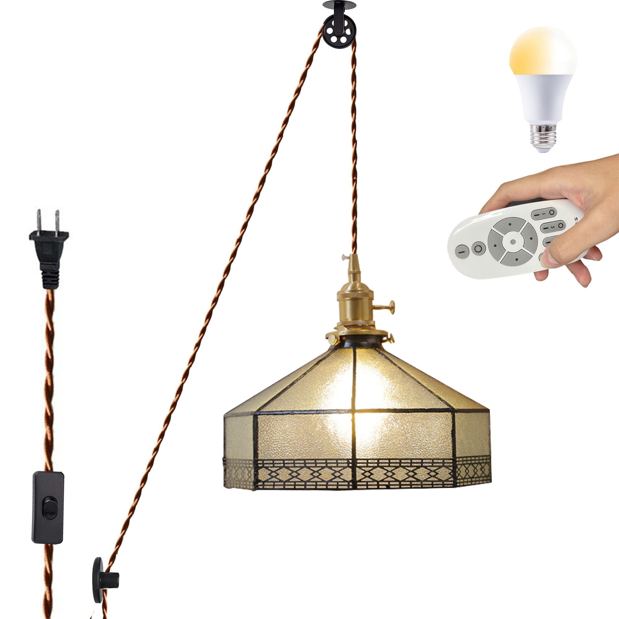 Kiven Plug in Glass Pendant Light, Pulley Vintage Hanging Light with ...