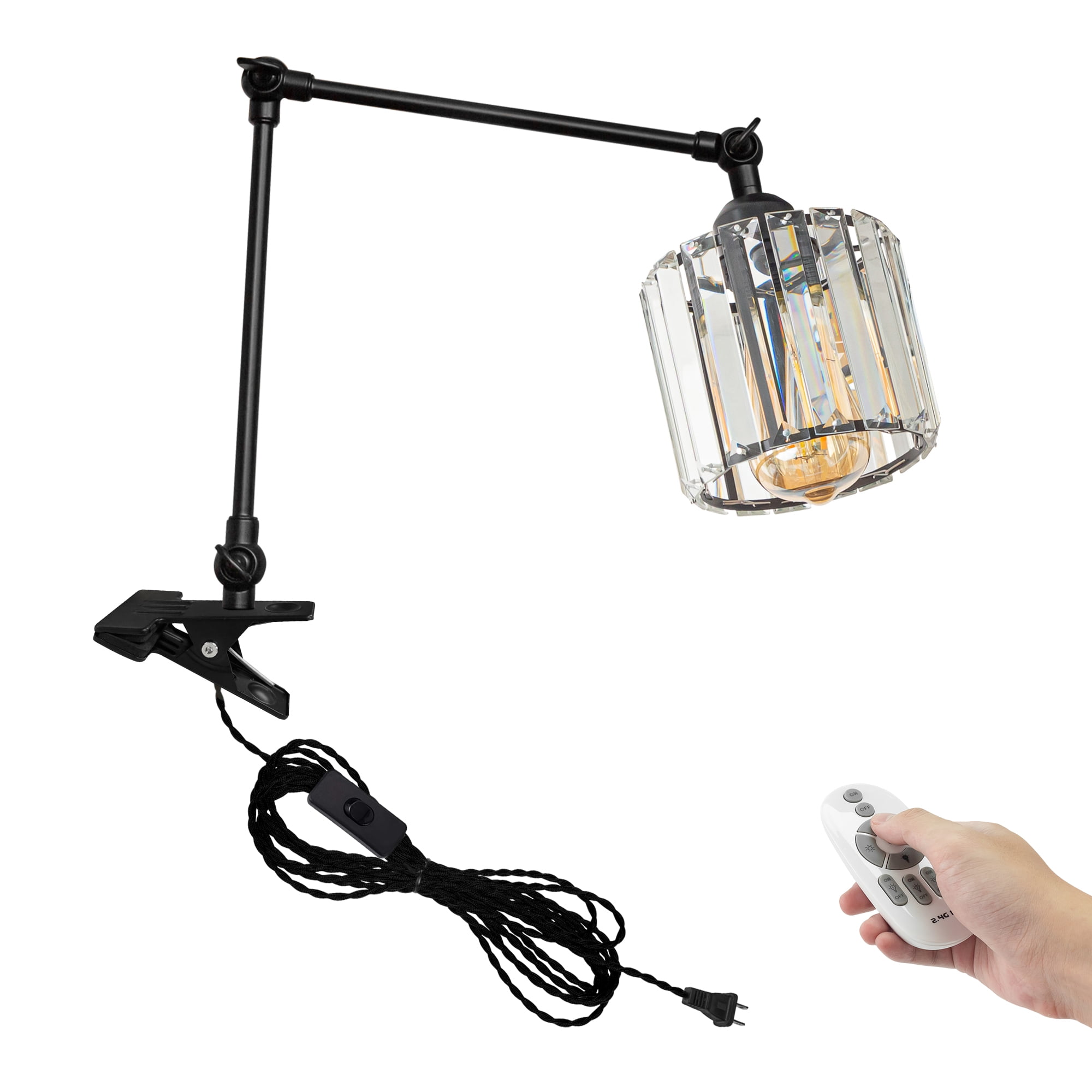 Kiven Plug-in Modern Clip-on Desk Lamp, 1-Light Crystal Dimmable Nightstand Lamp with Flexible ...