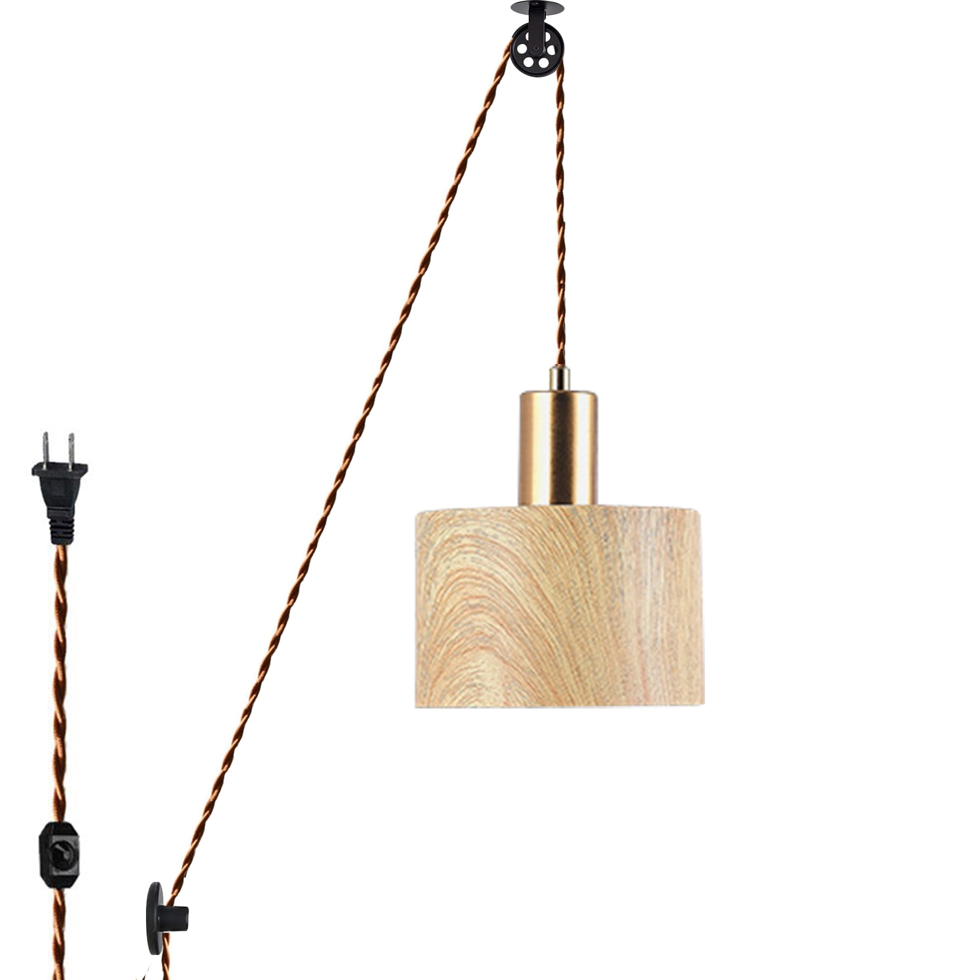 Kiven Plug in Pendant Light, Hanging Light with Wood Lampshade ...