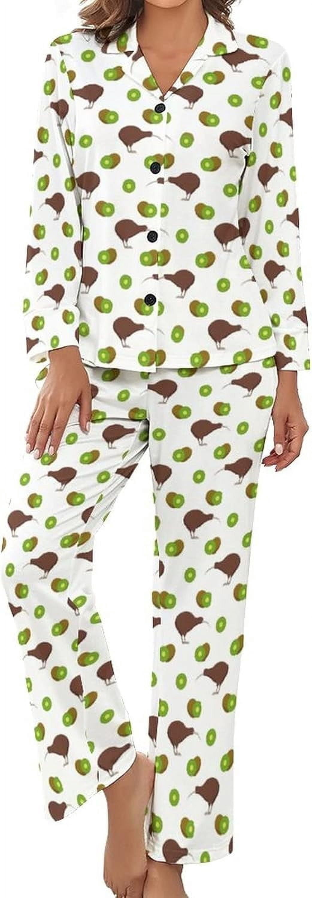 Kiwi Birds And Kiwi Fruits Women's Pajamas Set Button Down Sleepwear PJ ...