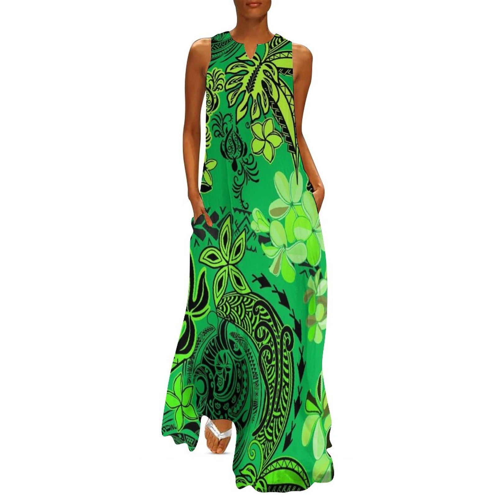 Kiwi Green Lanai Hawaiian - Samoan Tribal Jungle Design Long Dress ...