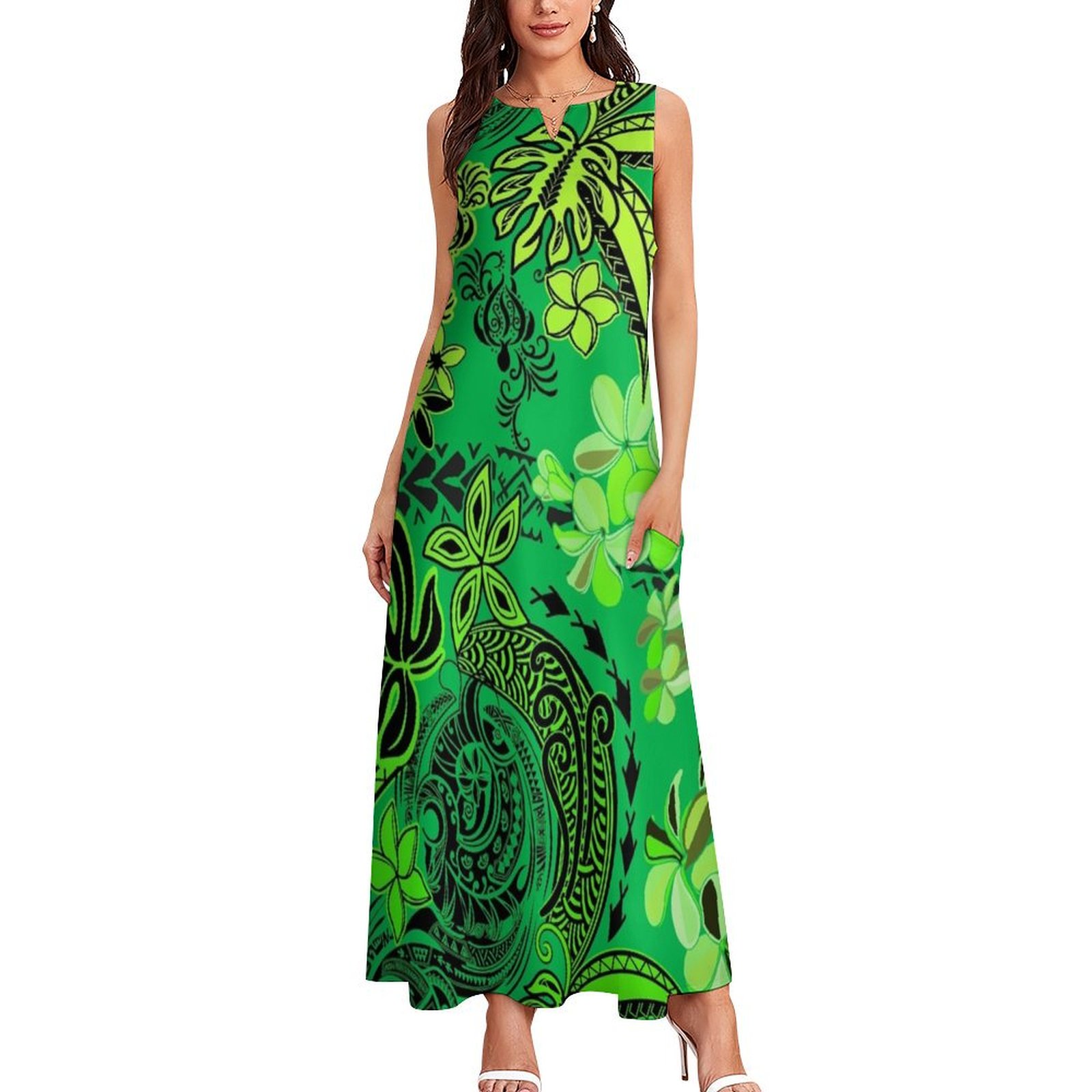 Kiwi Green Lanai Hawaiian - Samoan Tribal Jungle Design Long Dress ...