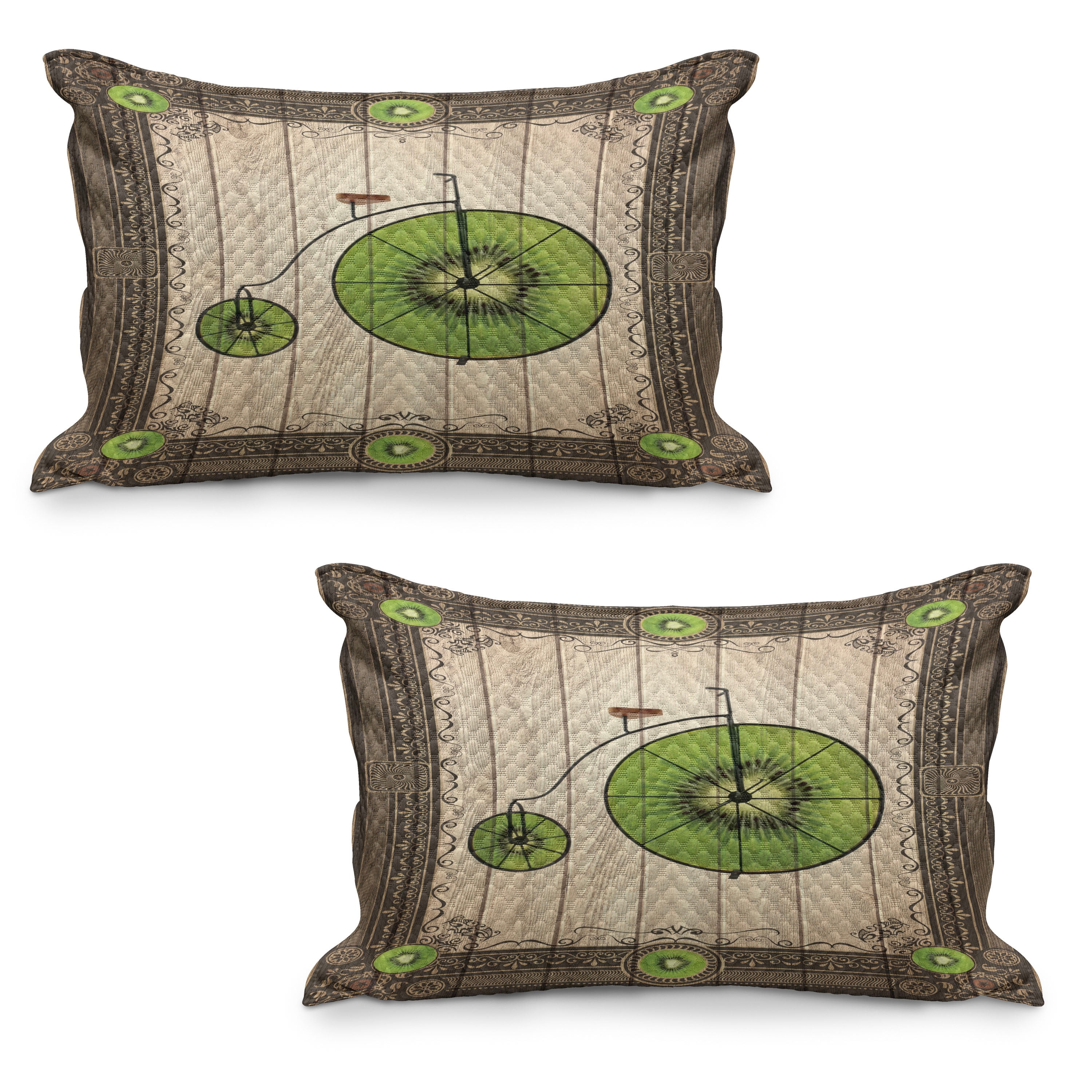 Kiwi Quilted Pillowcover Set of 2, Abstract Retro Bike with Fruit Wheels in Antique Frame ...