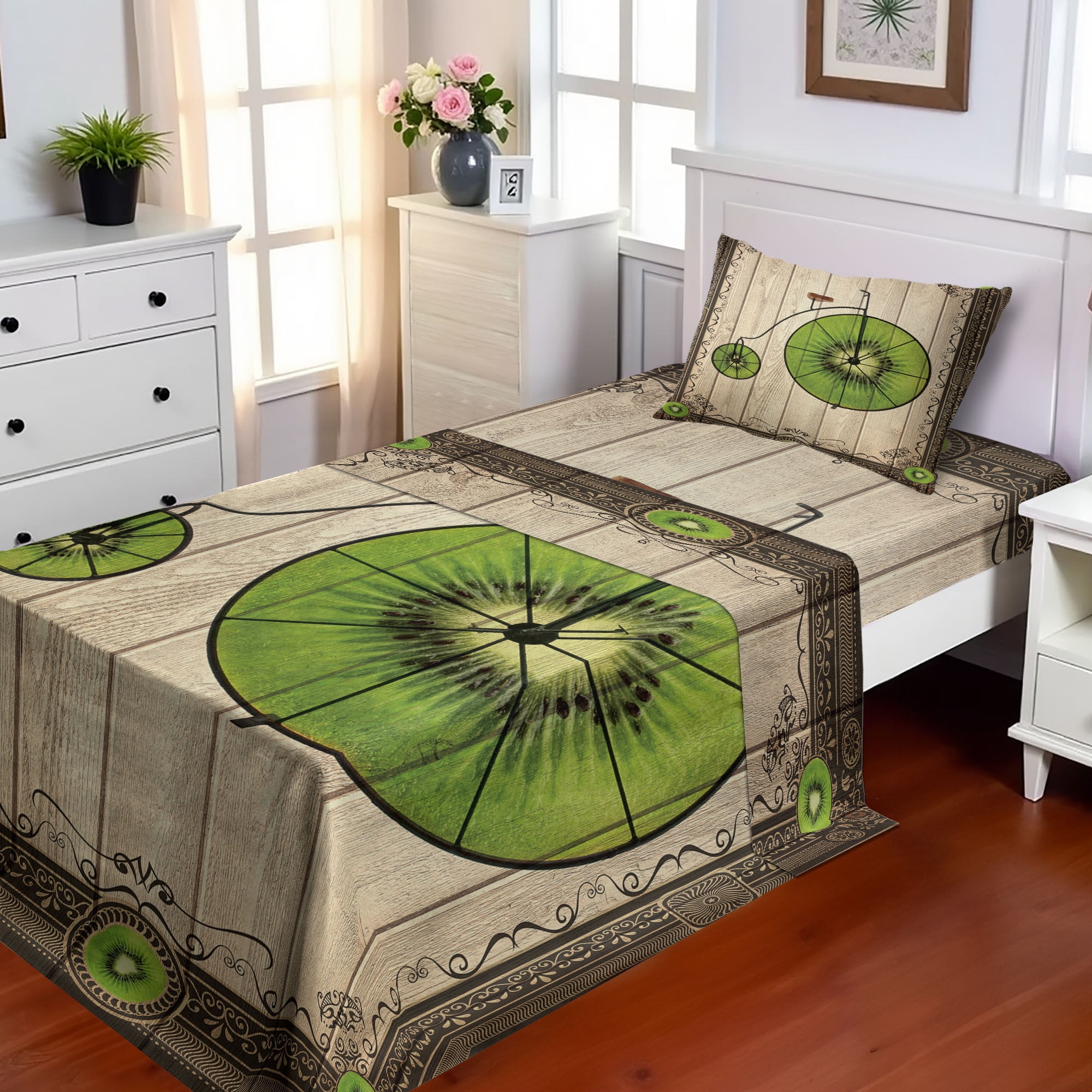 Ambesonne Kiwi Fitted & Top Sheet Set with Sham, Retro Bike with Fruit ...
