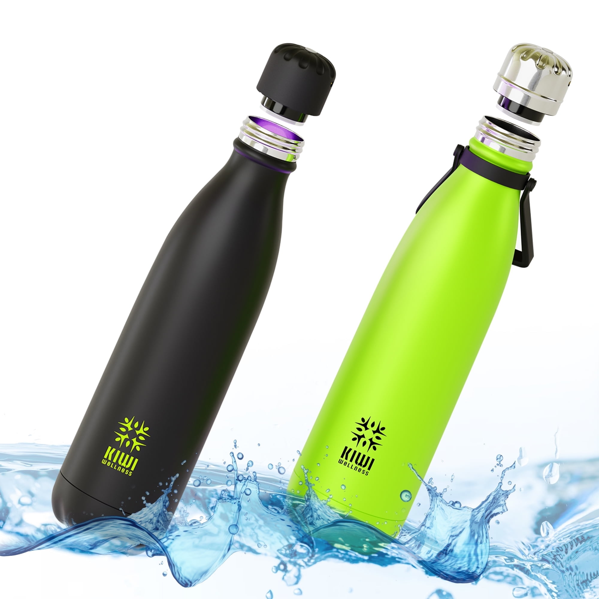 Kiwi Wellness Stainless Steel Water Bottles (Set of 2), 17 oz., Double ...