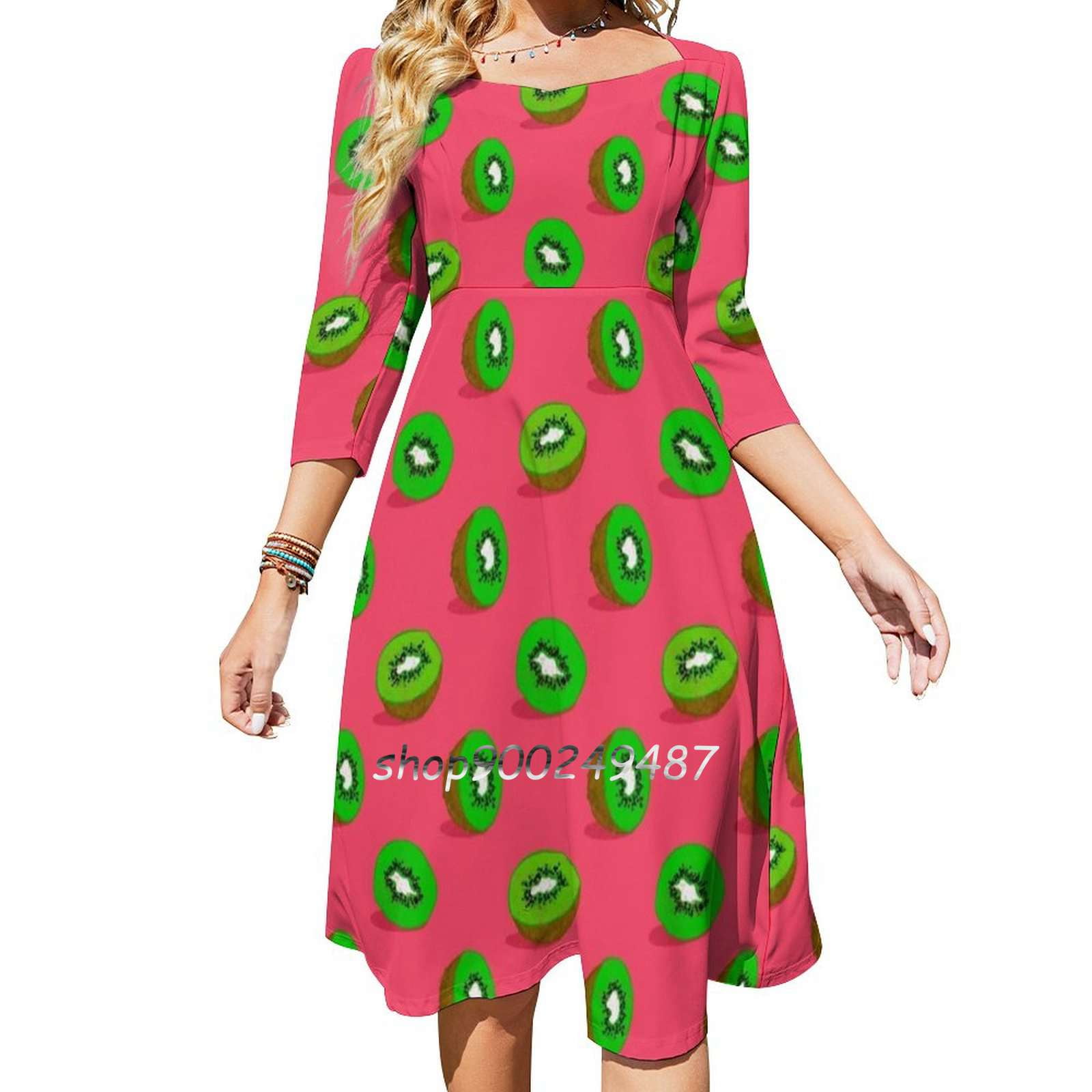 Kiwifruit Evening Party Dresses Midi Sexy Dress Female Sweet One Piece Dress Korean Kiwi Food ...