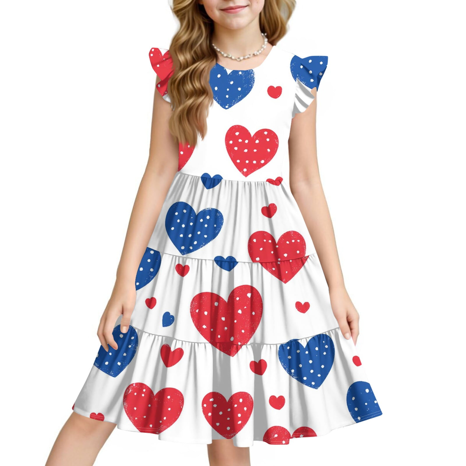 Kixjoy 4th Of July Dresses for Girls Trible Layer Tiered Flutter Sleeve ...