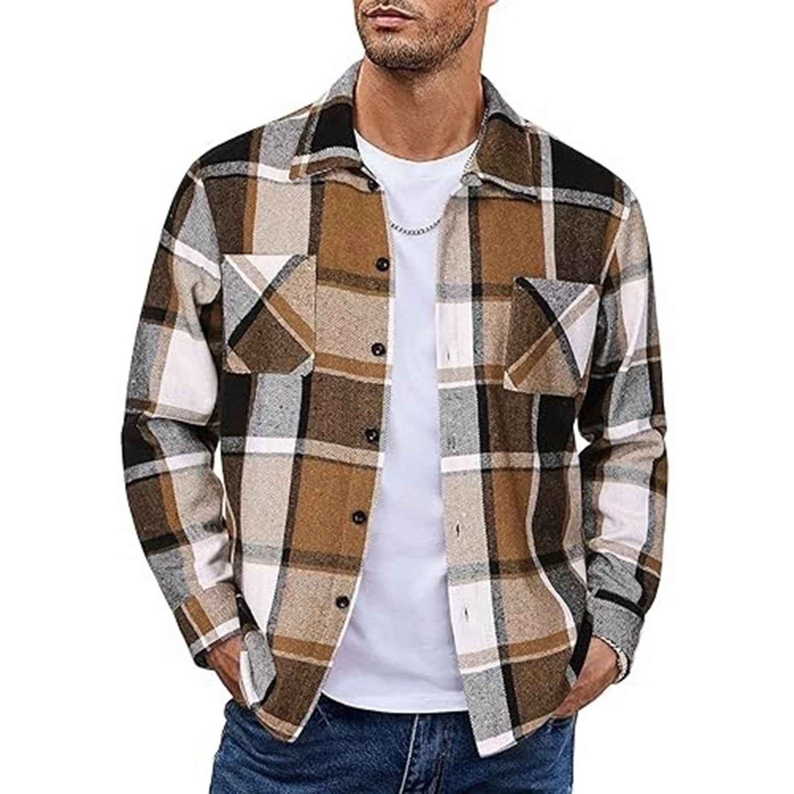 Kixjoy Beige Fleece Jacket Men Fashion Long Sleeve Fleece Plaid Shirts ...