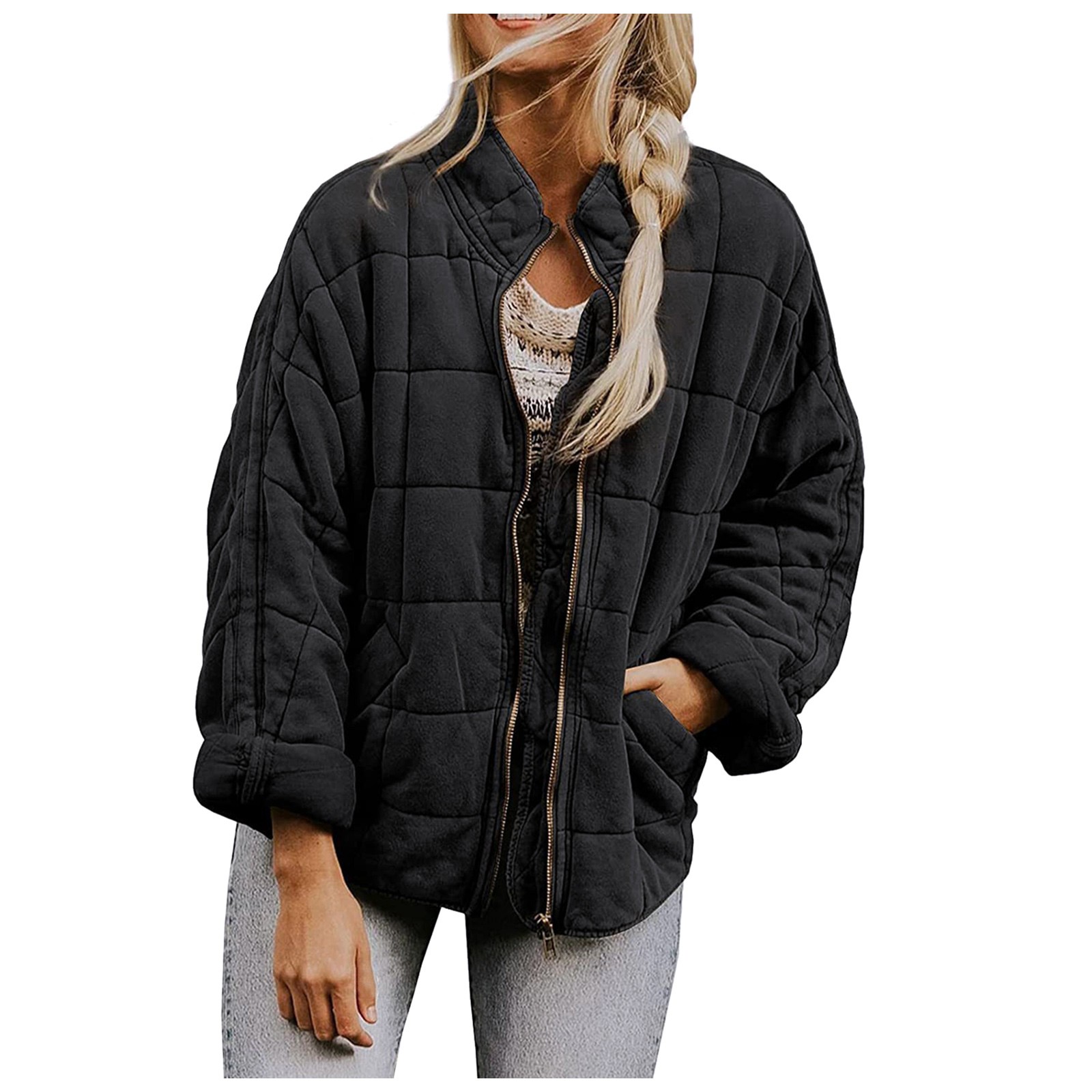 Kixjoy Black Womens Quilted Jacket Long Sleeve Fall Quilted Puffer ...