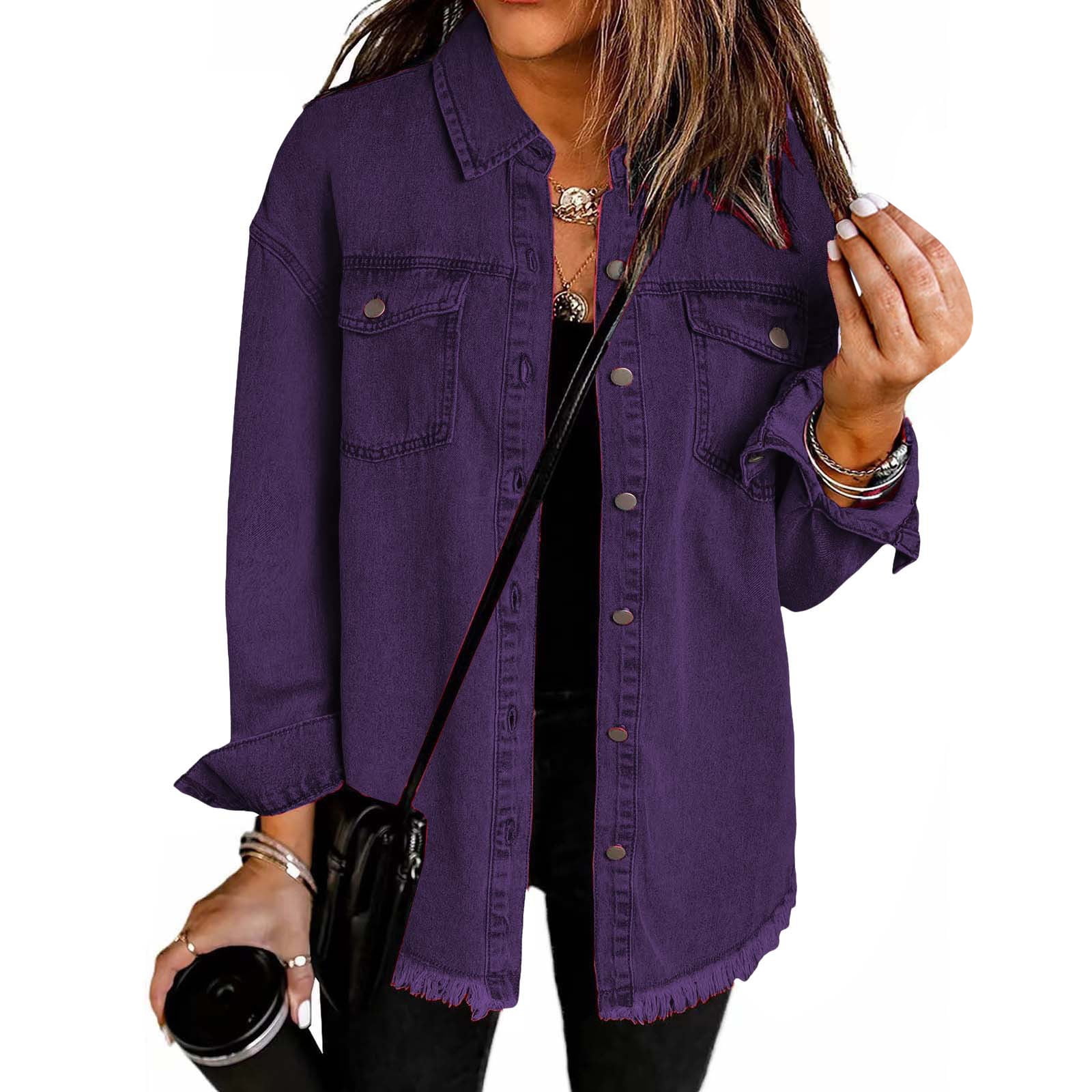 Kixjoy Dark Purple Jean Jacket Women Oversized Button Down Denim Jacket ...