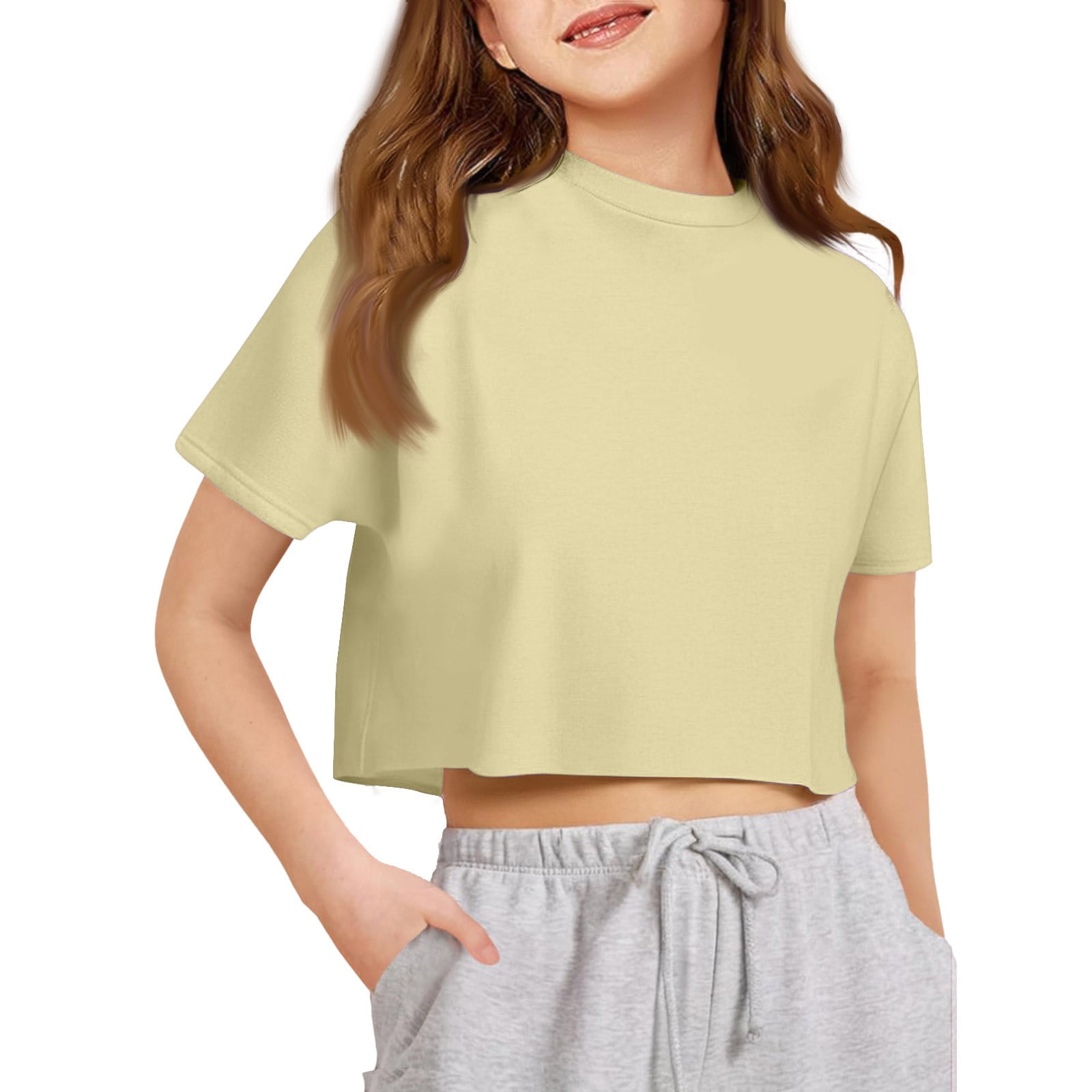 Kixjoy Girls Short Sleeve Crop Tops Kids Fashion Oversized Cute Crew ...