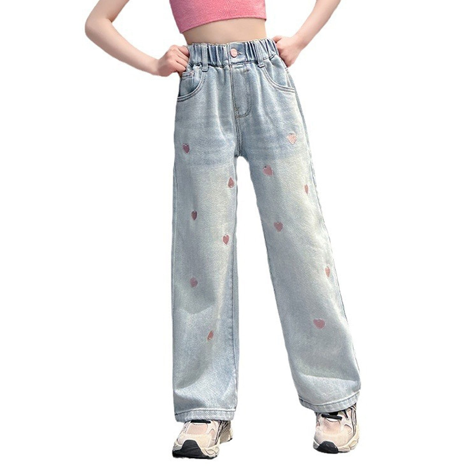 Kixjoy Girls Wide Leg Jeans Baggy Elastic High Waist Denim Pants 12-14 ...