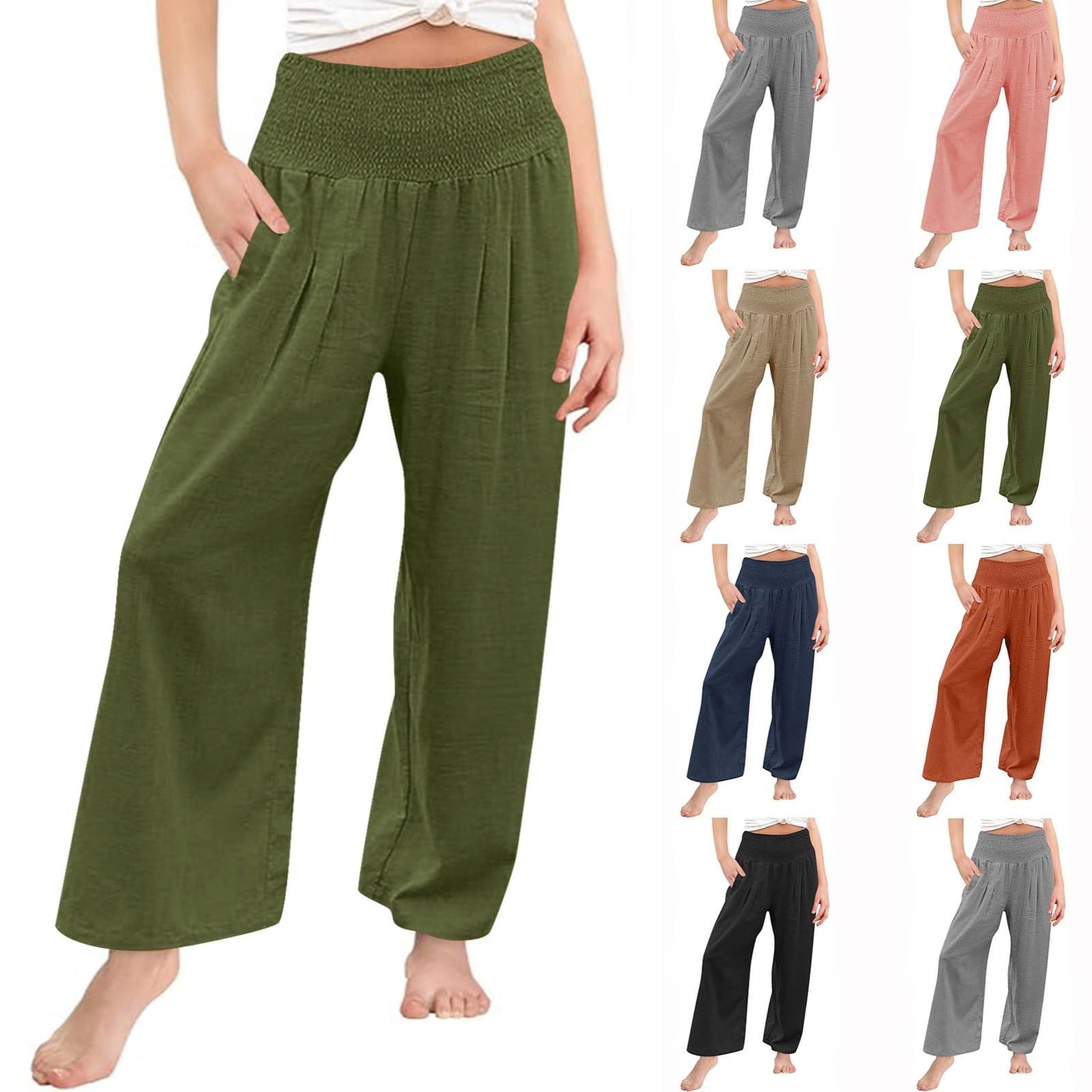 Kixjoy Green Cotton Linen Pants for Girls Flowy High-Waisted Straight ...