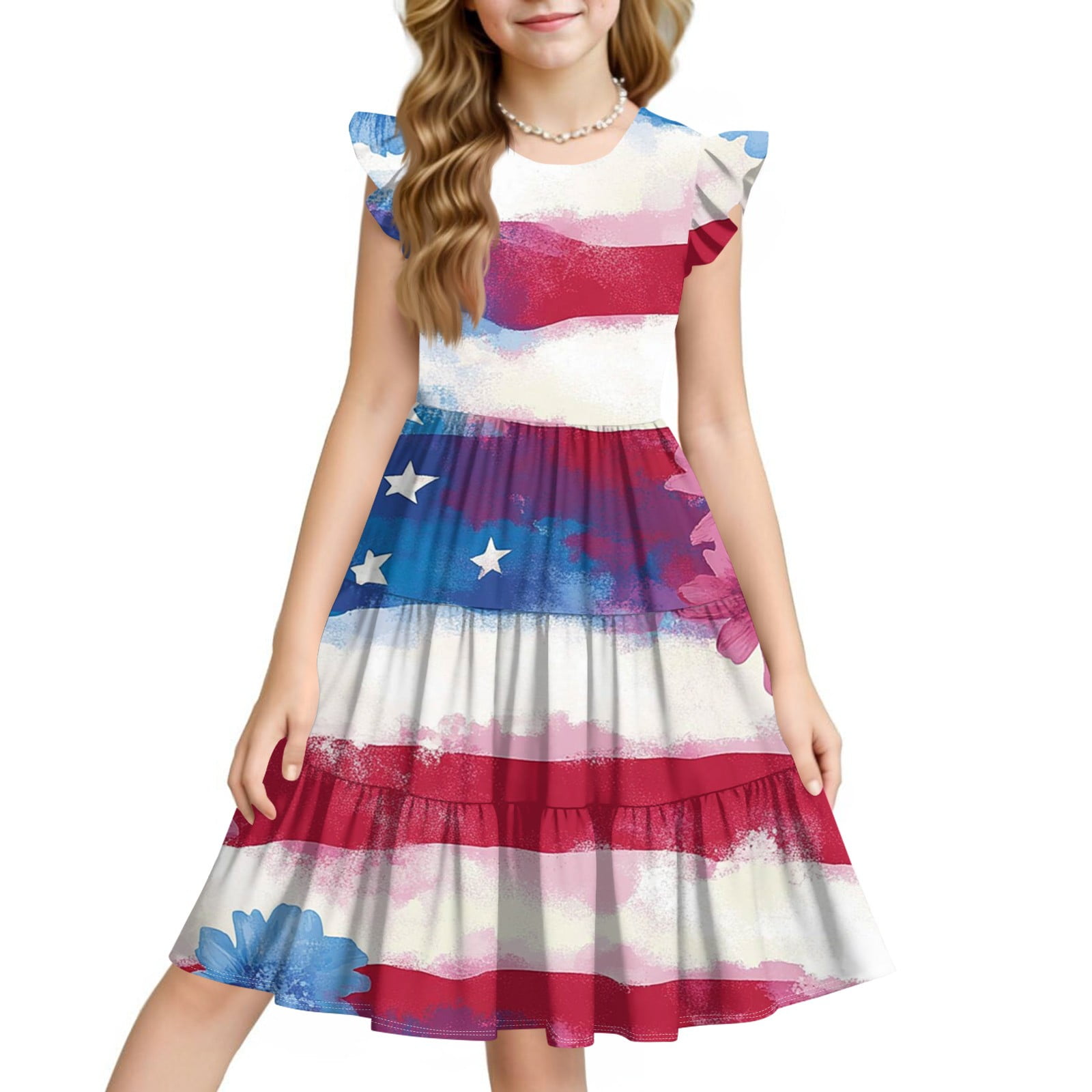 Kixjoy Independence Day Dresses for Girls Trible Layer Tiered Ruffle ...