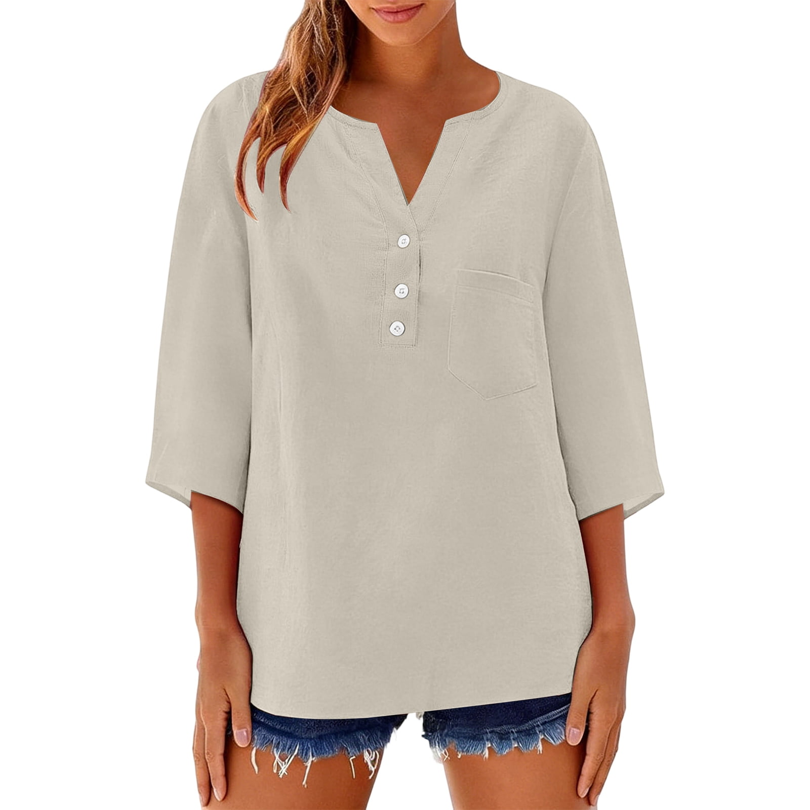 Kixjoy Linen Shirts for Women 3/4 Sleeve Button Down V Neck Shirt ...