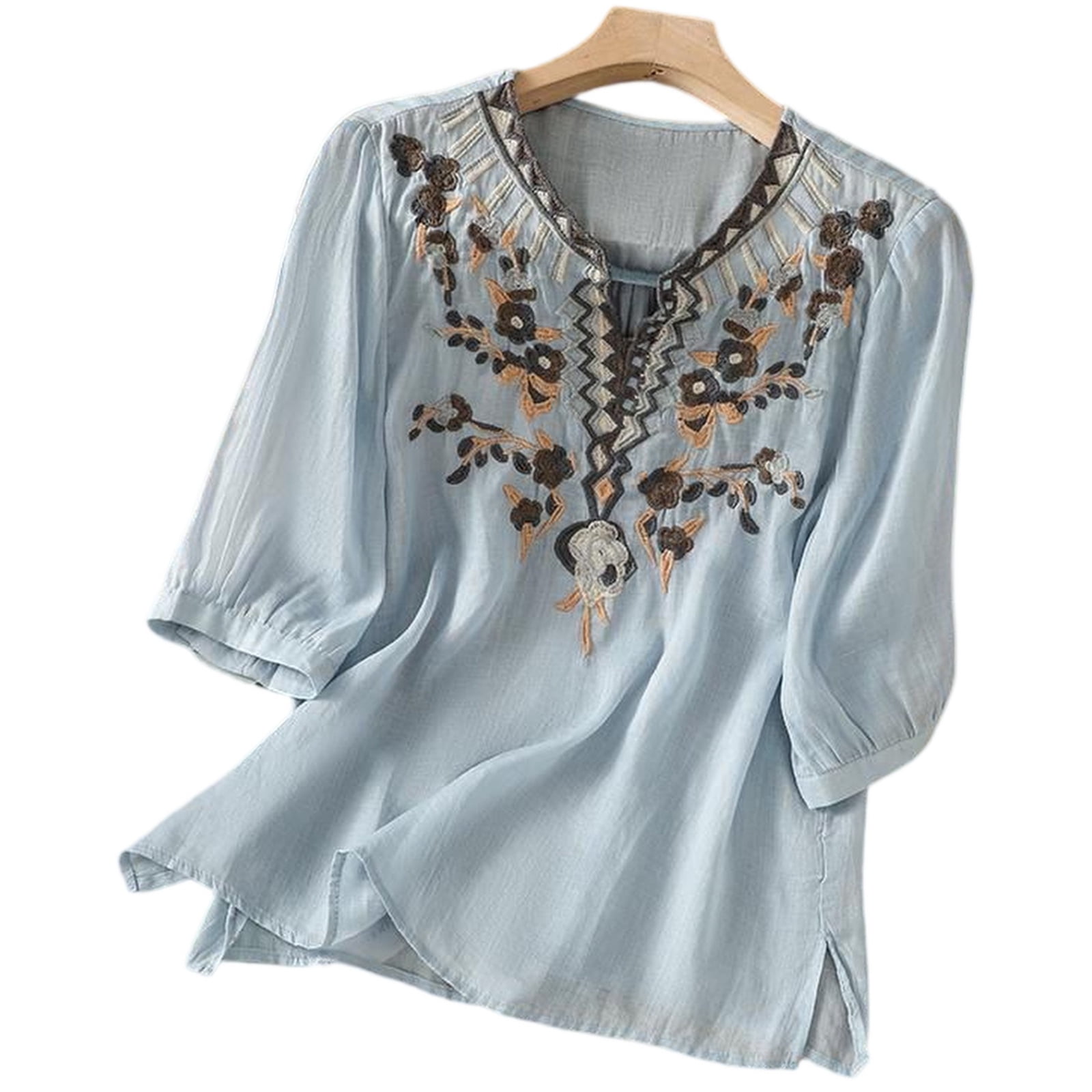 Kixjoy Linen Tops for Women Embroidered 3/4 Sleeve V Neck Shirts Casual ...