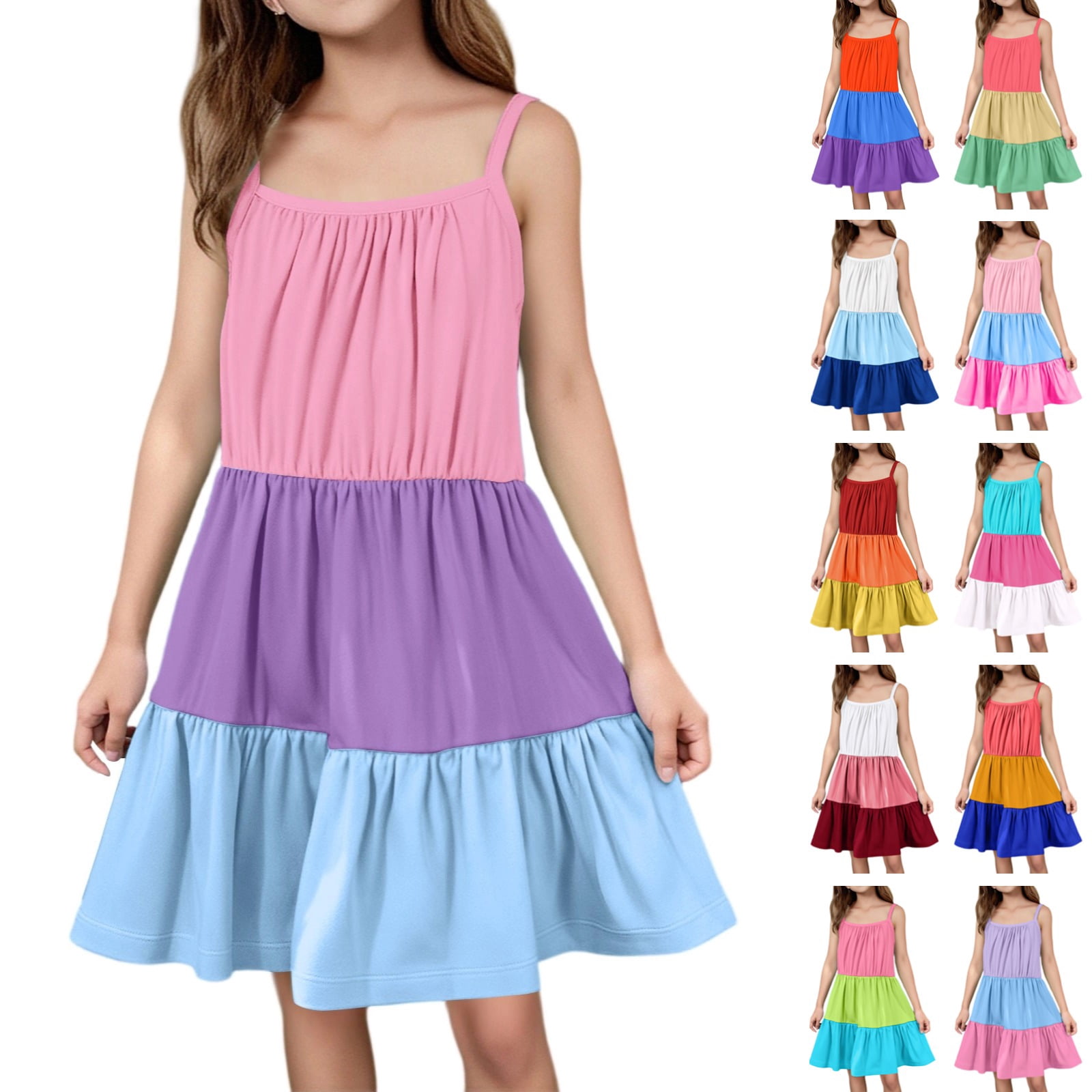 Kixjoy Maxi Dresss for Girls Tiered Ruffle Spaghetti Strap Color Block ...