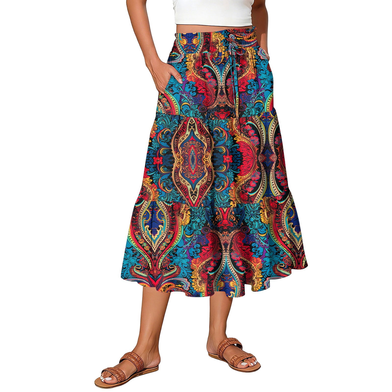 Kixjoy Maxi Skirts for Women Floral Print Drawstring Maxi Skirts High ...