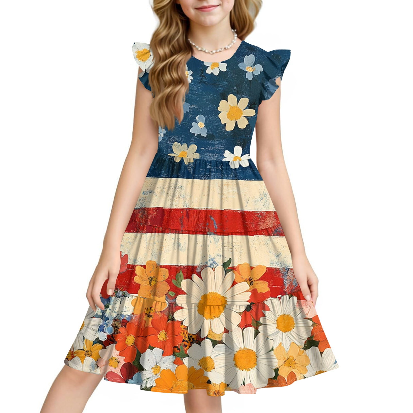 Kixjoy Memorial Day Dresses for Girls Trible Layer Tiered Flutter ...