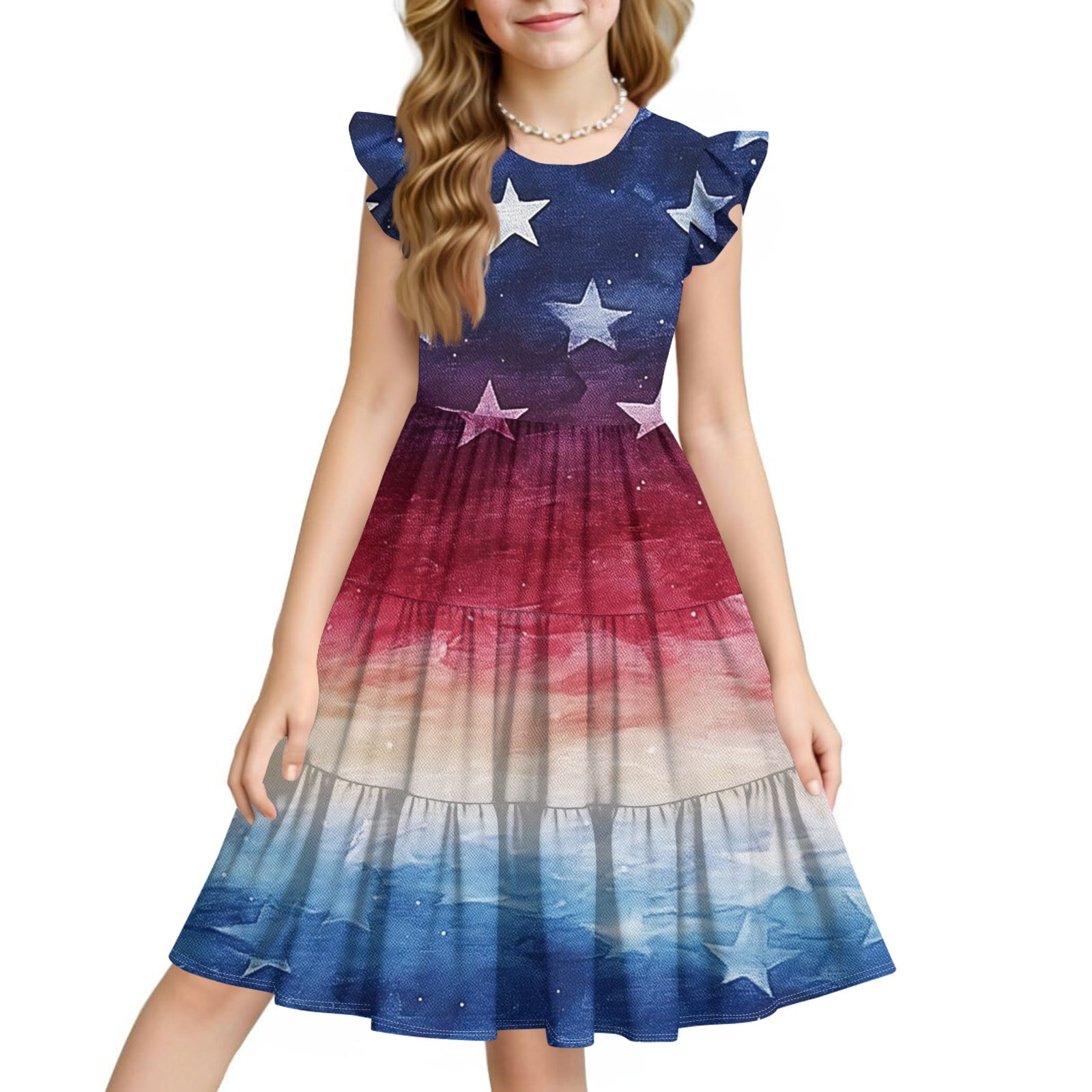 Kixjoy Memorial Day Dresses for Girls Trible Layer Tiered Ruffle Sleeve ...