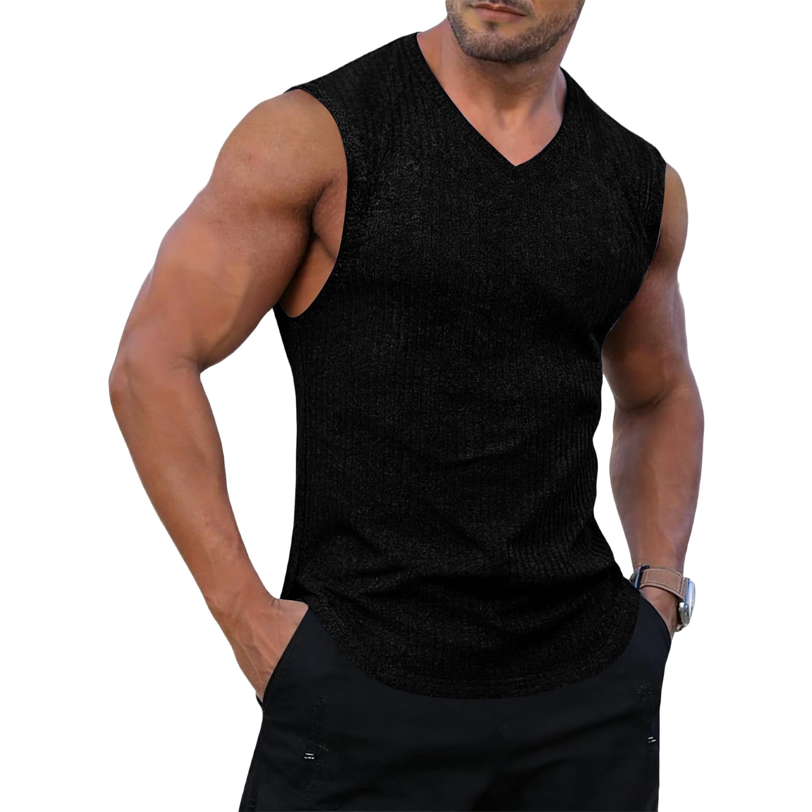 Kixjoy Sleeveless Shirts for Men Lounge Gym Ribbed Knit Tank Top Plain ...