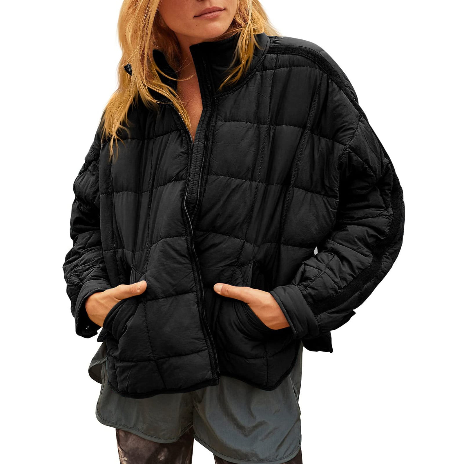 Kixjoy Women Puffer Jacket Long Sleeve Zip Up Quilted Puffer Jacket ...