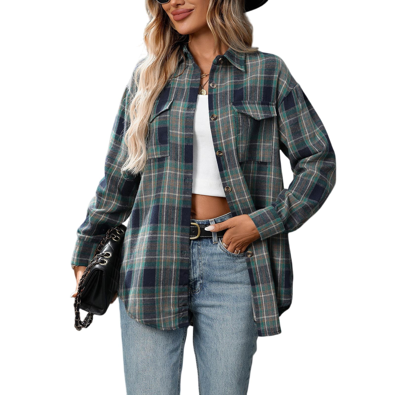 Kixjoy Womens Flannel Shirt Long Sleeve Button Down Plaid Shirts Fashion Oversized Winter Top ...
