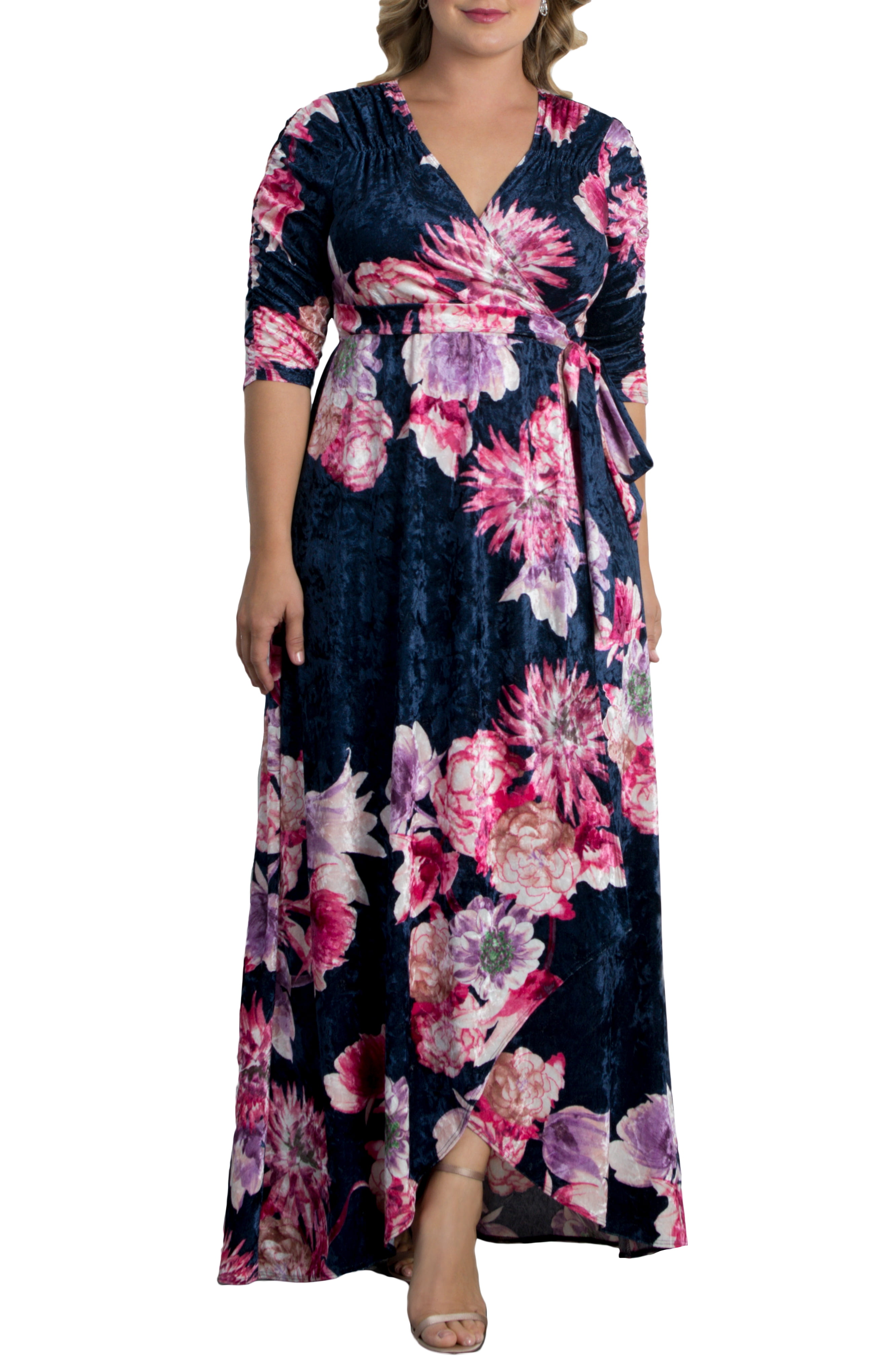 Kiyonna Women's Plus Size Cara Velvet Wrap Dress, High-Low Maxi Dress ...