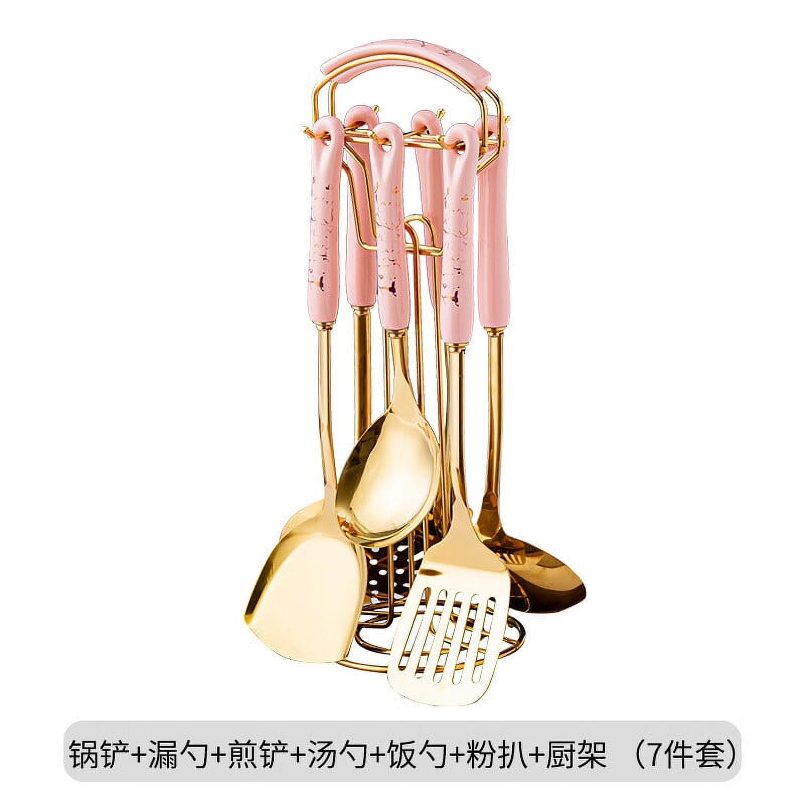 Kizocay Pink Gold Kitchen Utensils Set,7 Pieces Ceramic Handle ...