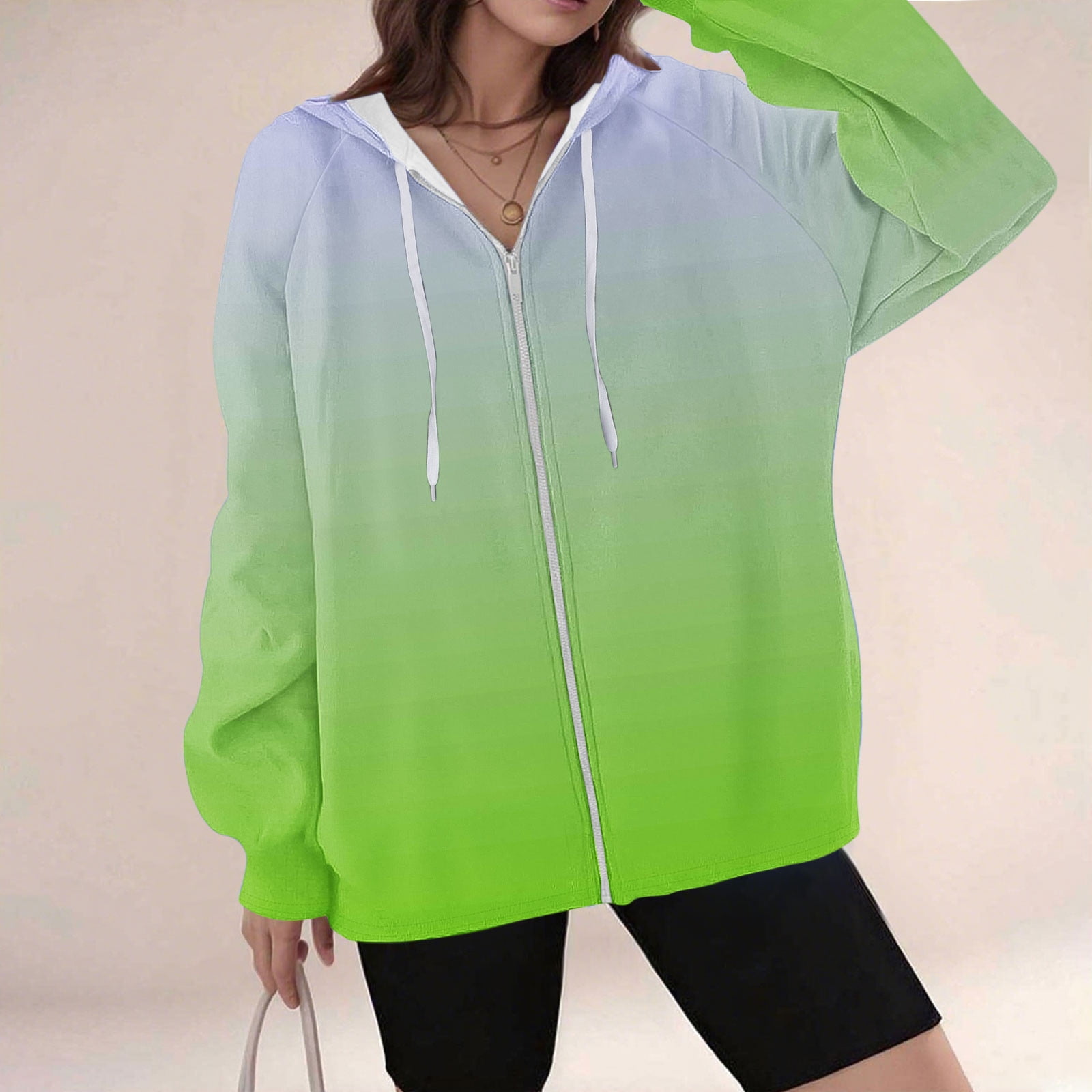 KkSLirnhs Women's Gradient Color Drawstring Long Sleeved Zipper ...