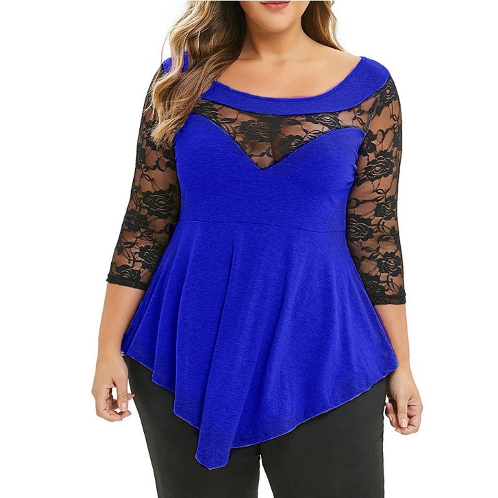 KkSLirnhs Womens Shirts Plus Size 5x Plus Size Women Solid Floral Lace ...