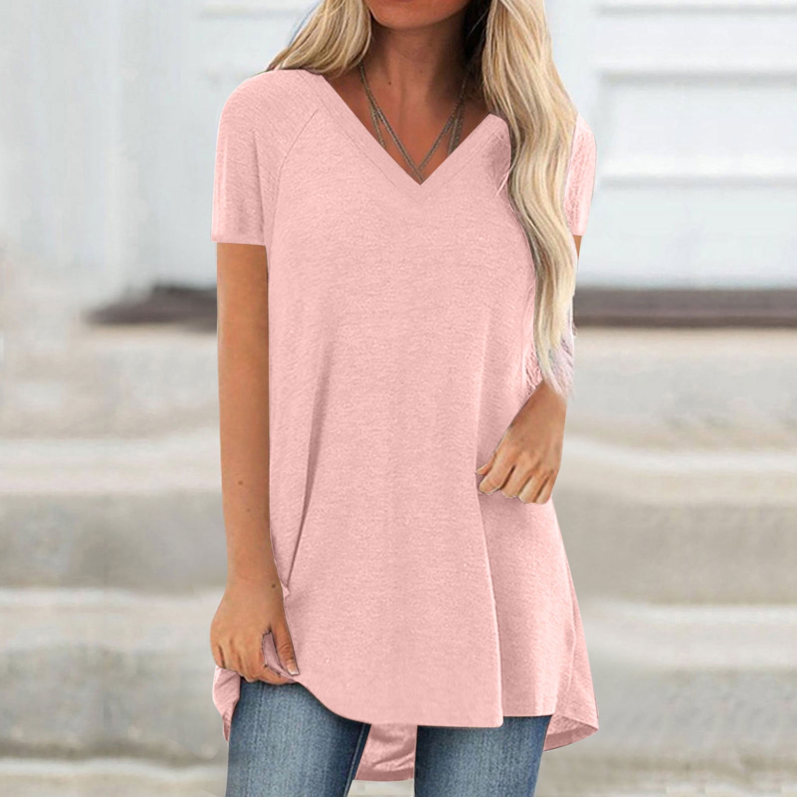 KkSLirnhs Womens Shirts Plus Size 5x Women's Summer Solid V Neck Loose ...