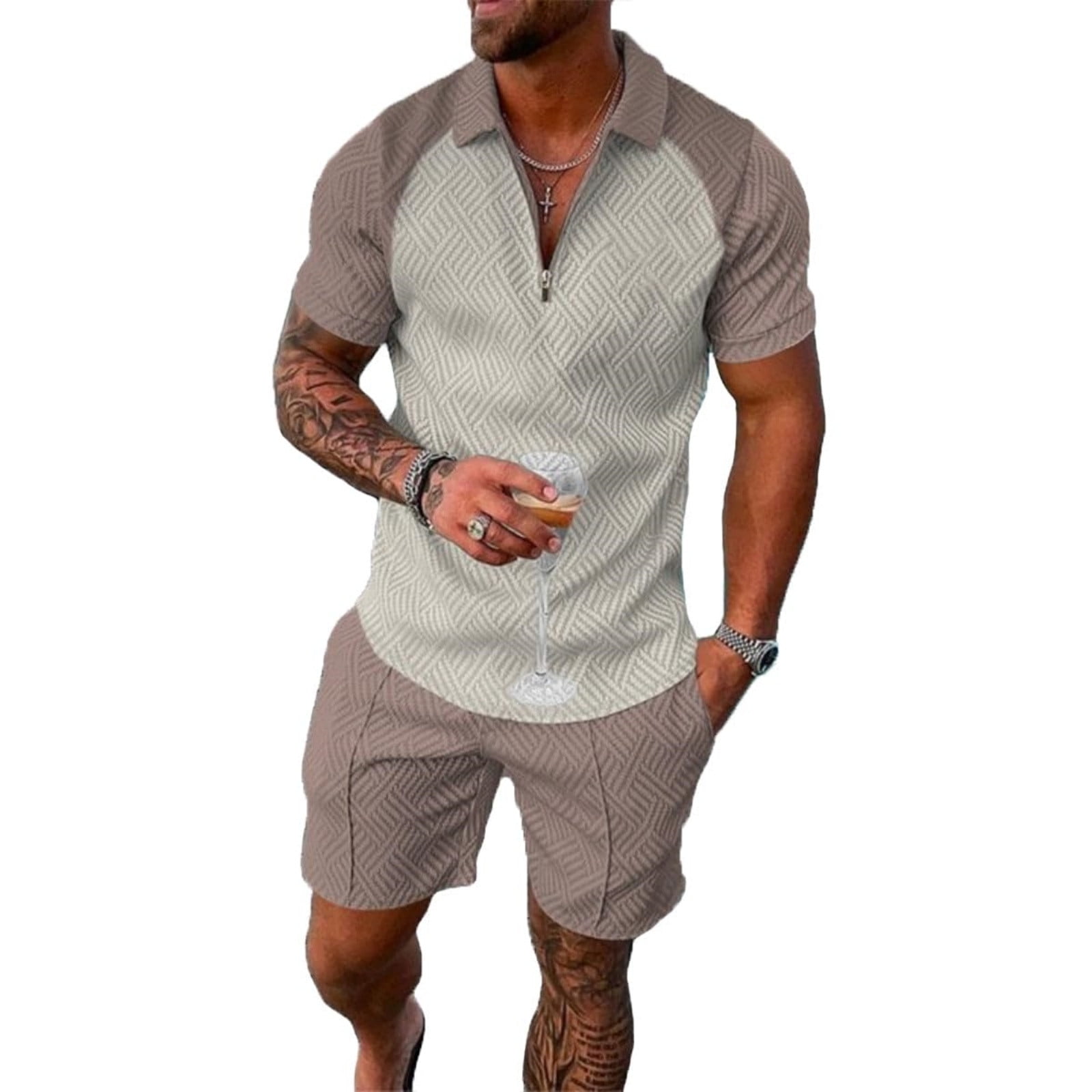 KkXUanMY Men Sets Outfits 2 Piece Quarter Sleeve Collared Slim High ...