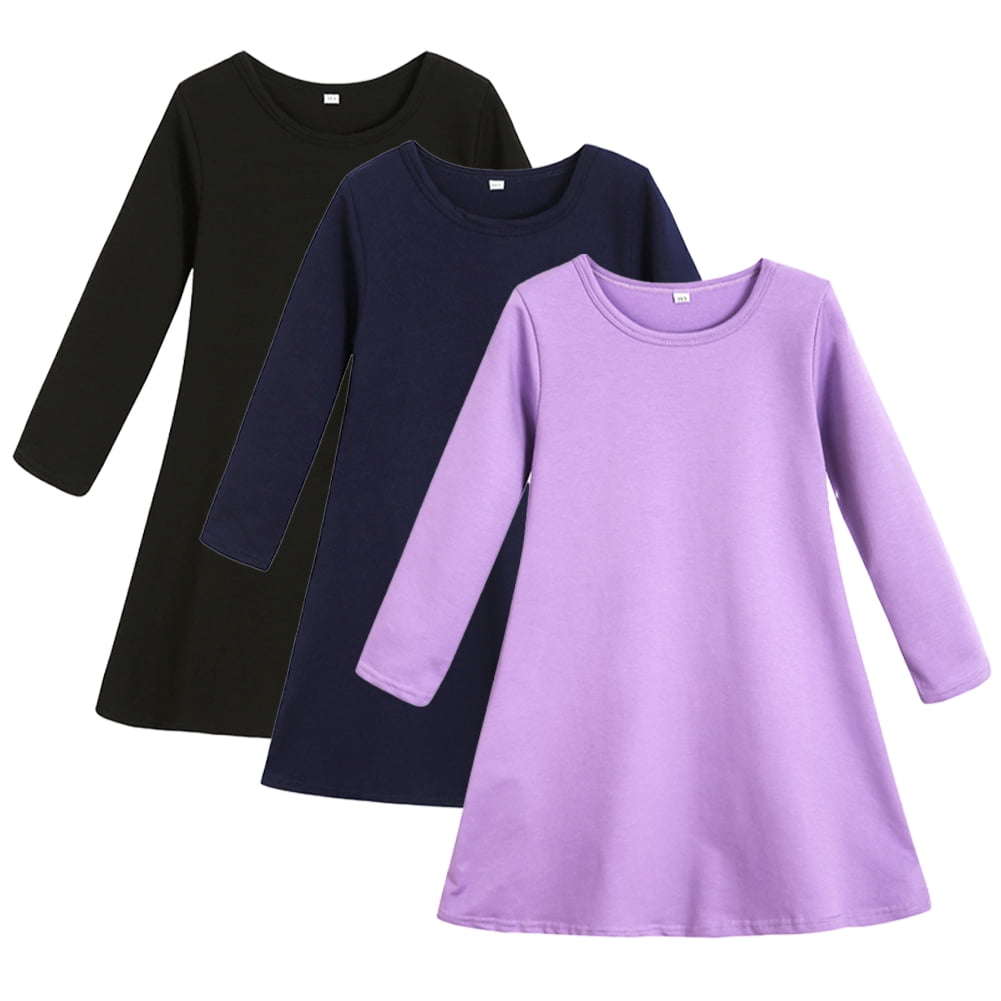 Kkkded Teen Kids Girls Long Sleeve Dress Solid Colours Dresses Cotton ...