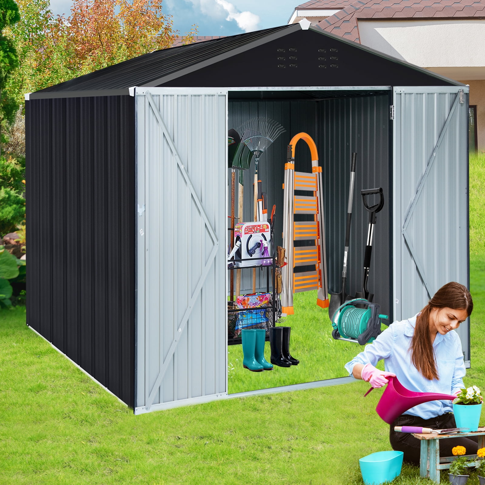 10x8 FT Outdoor Storage Shed Backyard Metal Tool Sheld Utility House ...