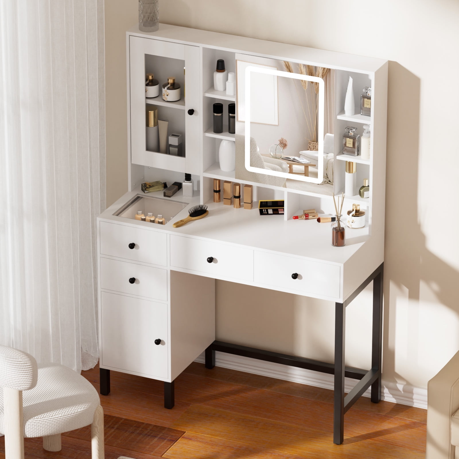 Kkonetoy Vanity Desk with Lighted Mirror Makeup Desk Dresser Table with ...