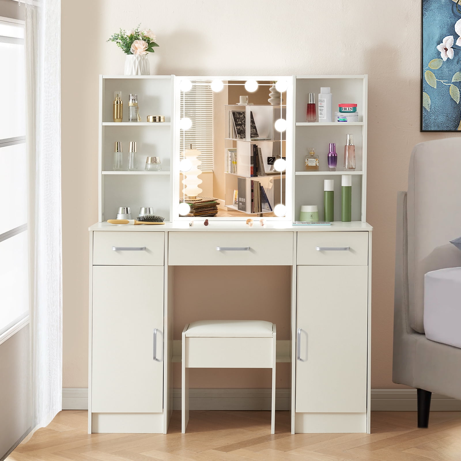Kkonetoy Vanity Makeup Dressing Table Set with Lighted Mirror & Stool ...
