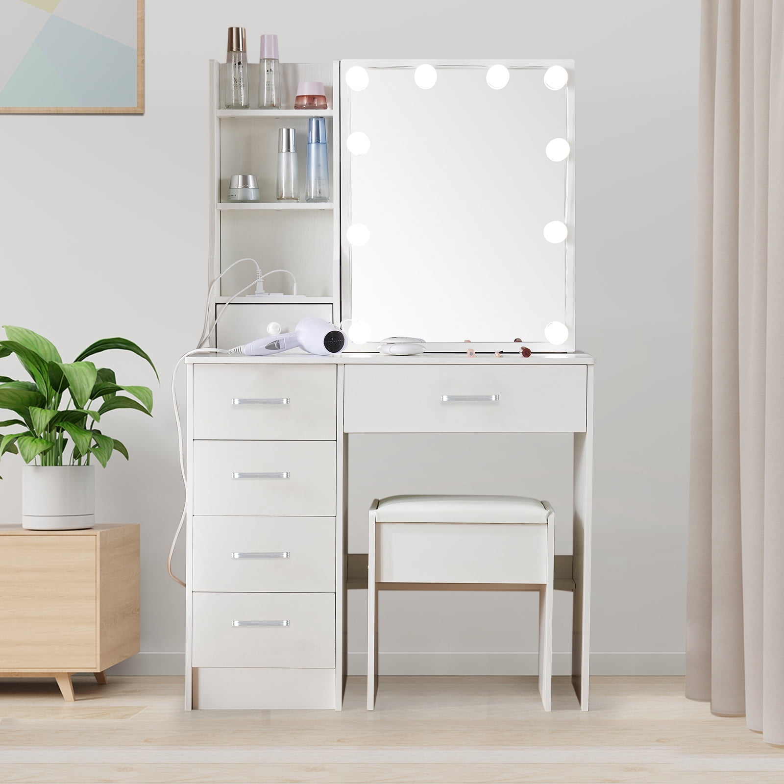 Kkonetoy Vanity Makeup Table Set with USB Port & LED Lighted Sliding ...