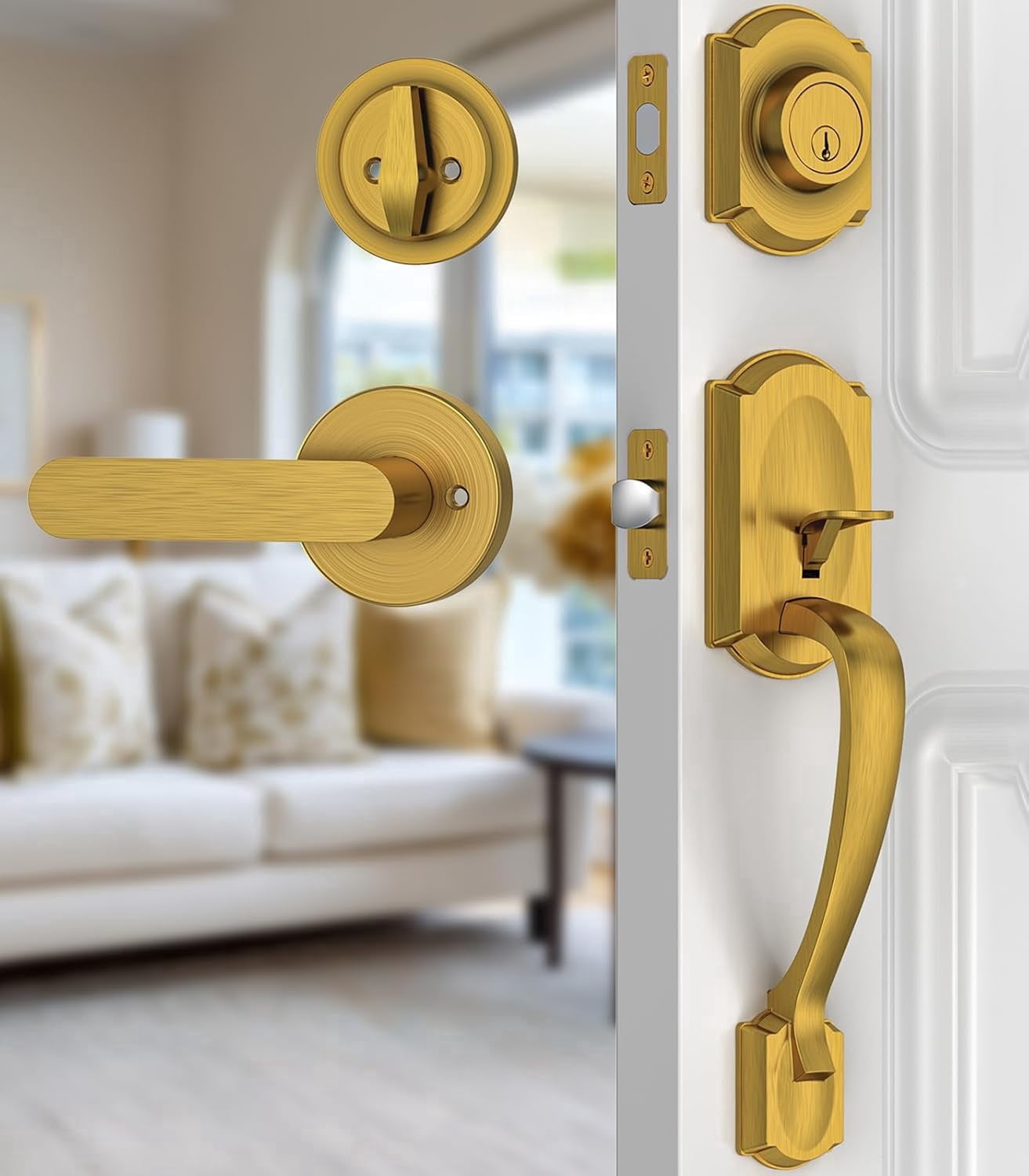 Klamerit Front Door Handle and Deadbolt Set, Antique Brass Front Door ...