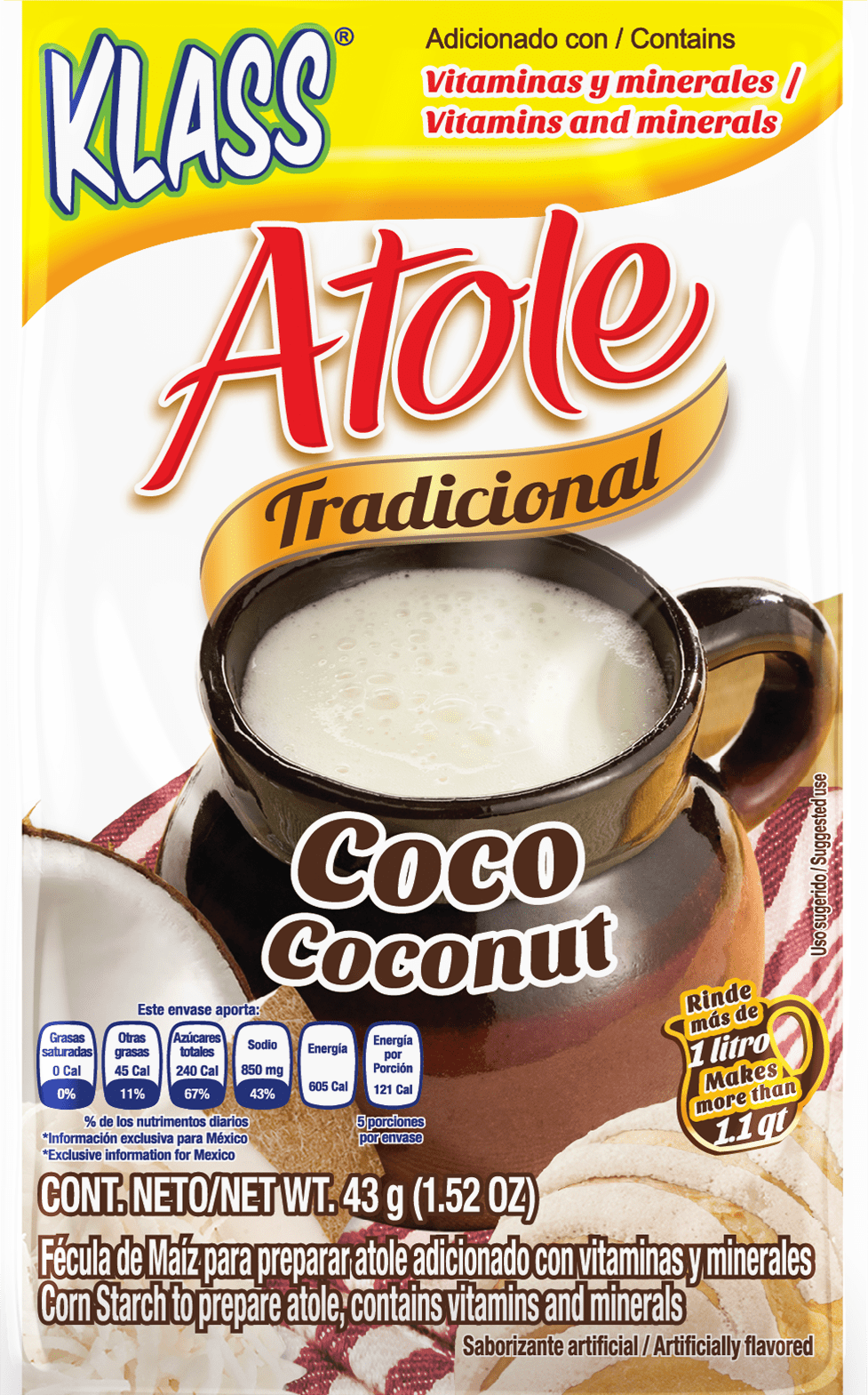 Klass Atole Drink Mix Sabor Coco Flovored Coconut, 1.52 oz - Walmart.com
