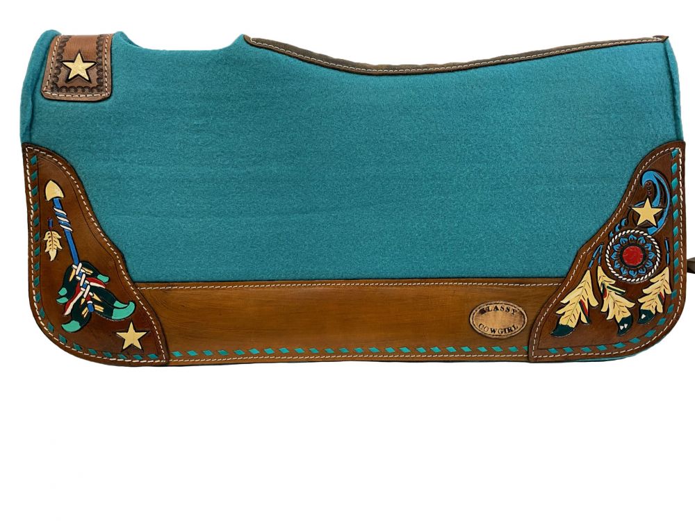 Klassy Cowgirl Barrel Style Teal Felt Saddle Pad w/ Painted Feather Design - Walmart.com